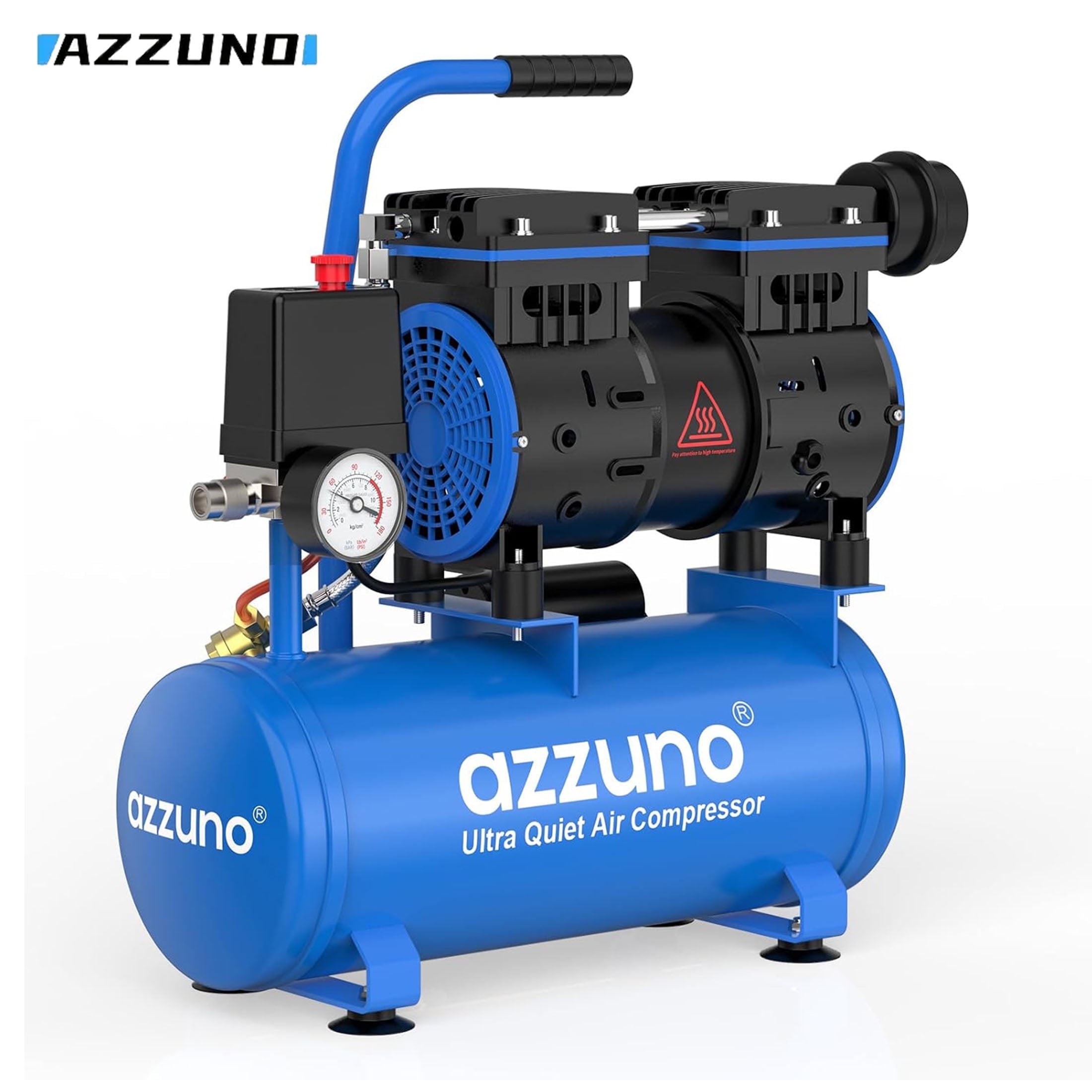 AZZUNO 2 Gallon Air Compressor 1.6CFM@90PSI Oil Free 60dB Ultra Quiet ...