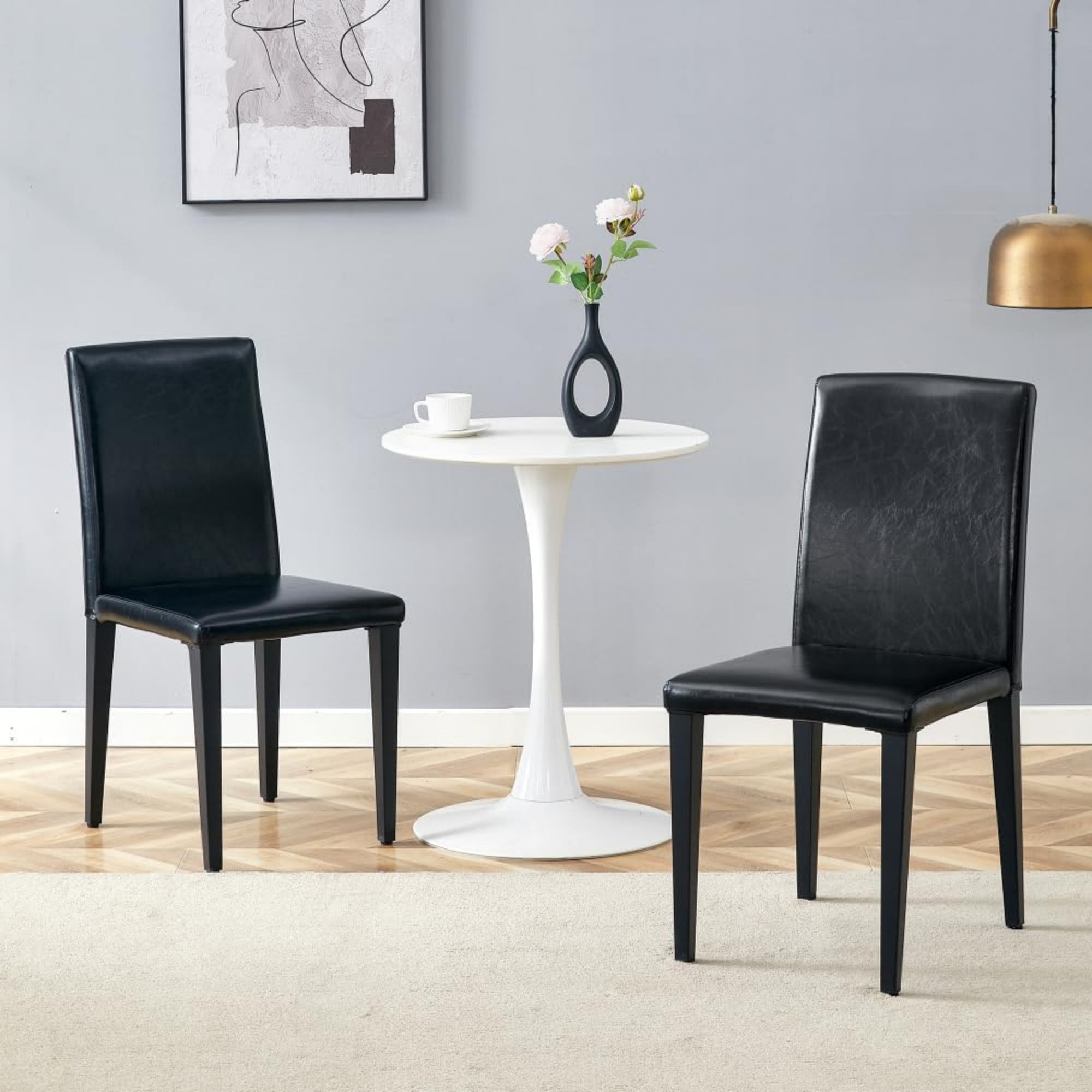 Black Modern Dining Chairs Set of 2, PU Leather Upholstered Kitchen ...