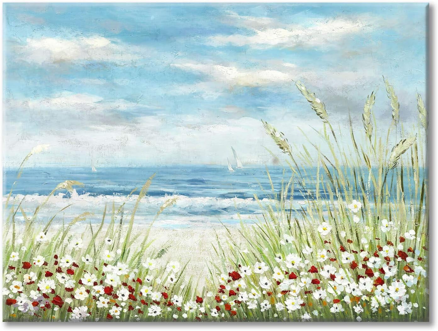 Aaheei Beach Scene Canvas Wall Art: Seaside White Wildflower & Blue ...