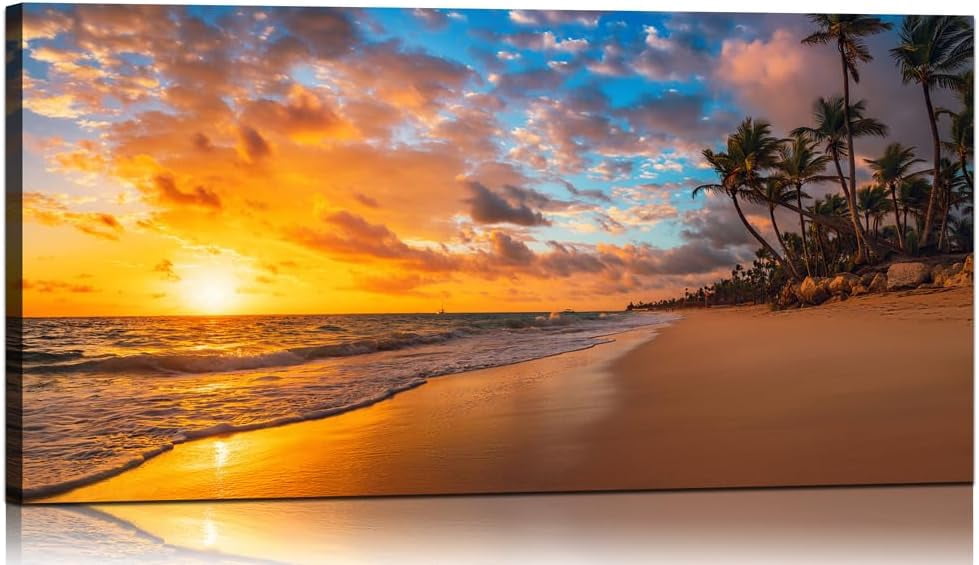 Aaheei Beach Wall Art Decor Golden Sunset Painting Seascape Theme ...