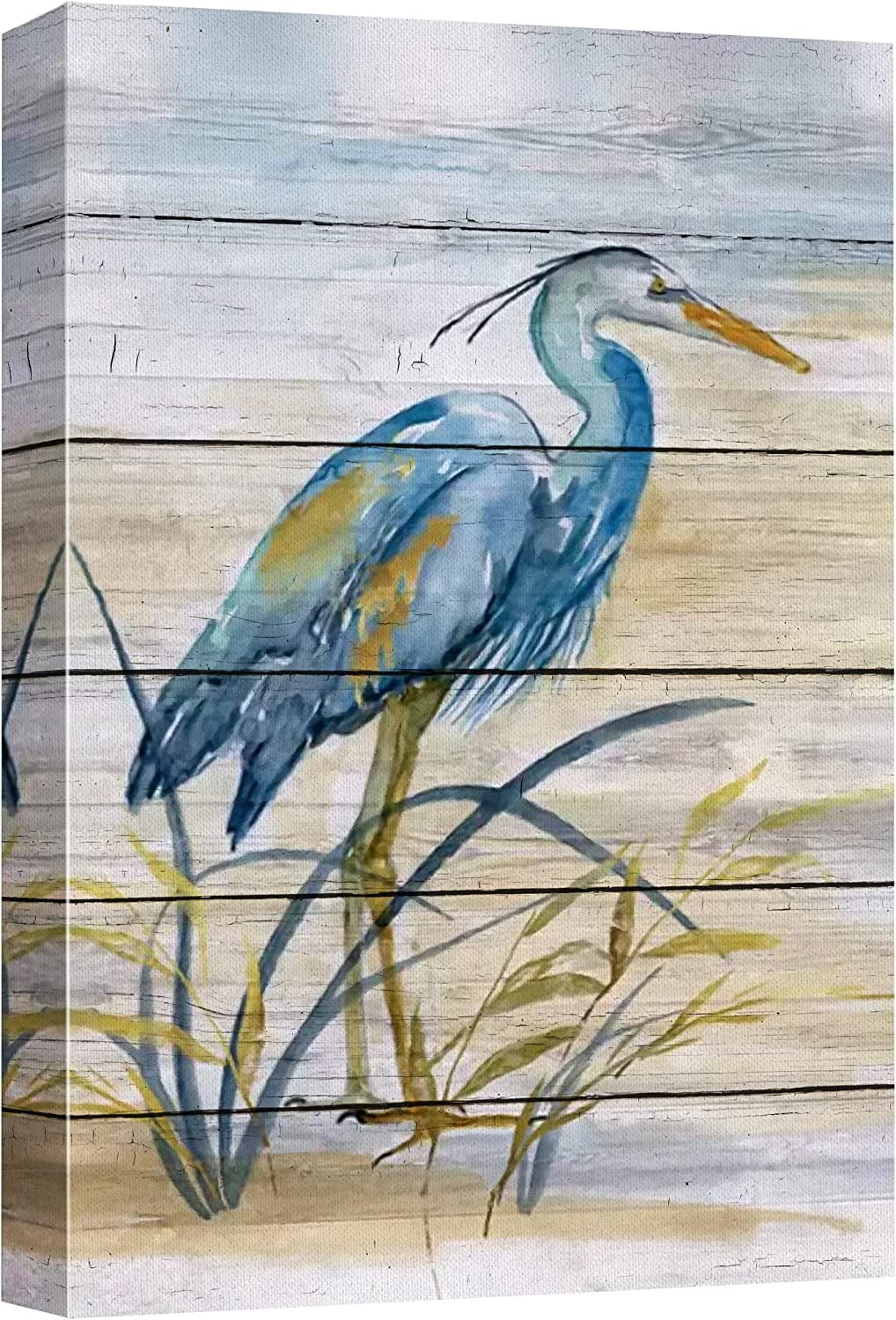 Aaheei Canvas Print Wall Art Retro Blue Beach Crane Bird Nature Wilderness Illustrations Modern ...