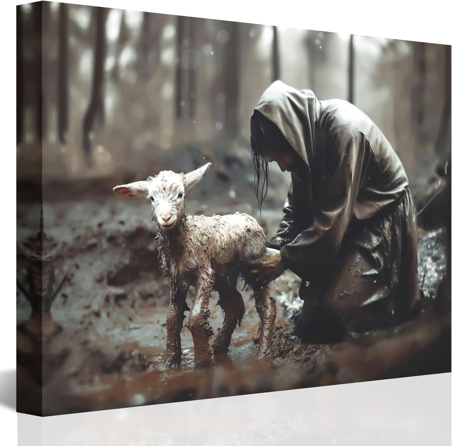 Aaheei Compassionate Christian Art: Figure aids muddy lamb, showing ...