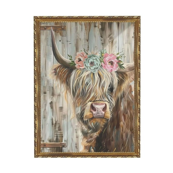 Aaheei – Floral Highland Cow Art (Gold Plastic Frame) | Cottage Core ...