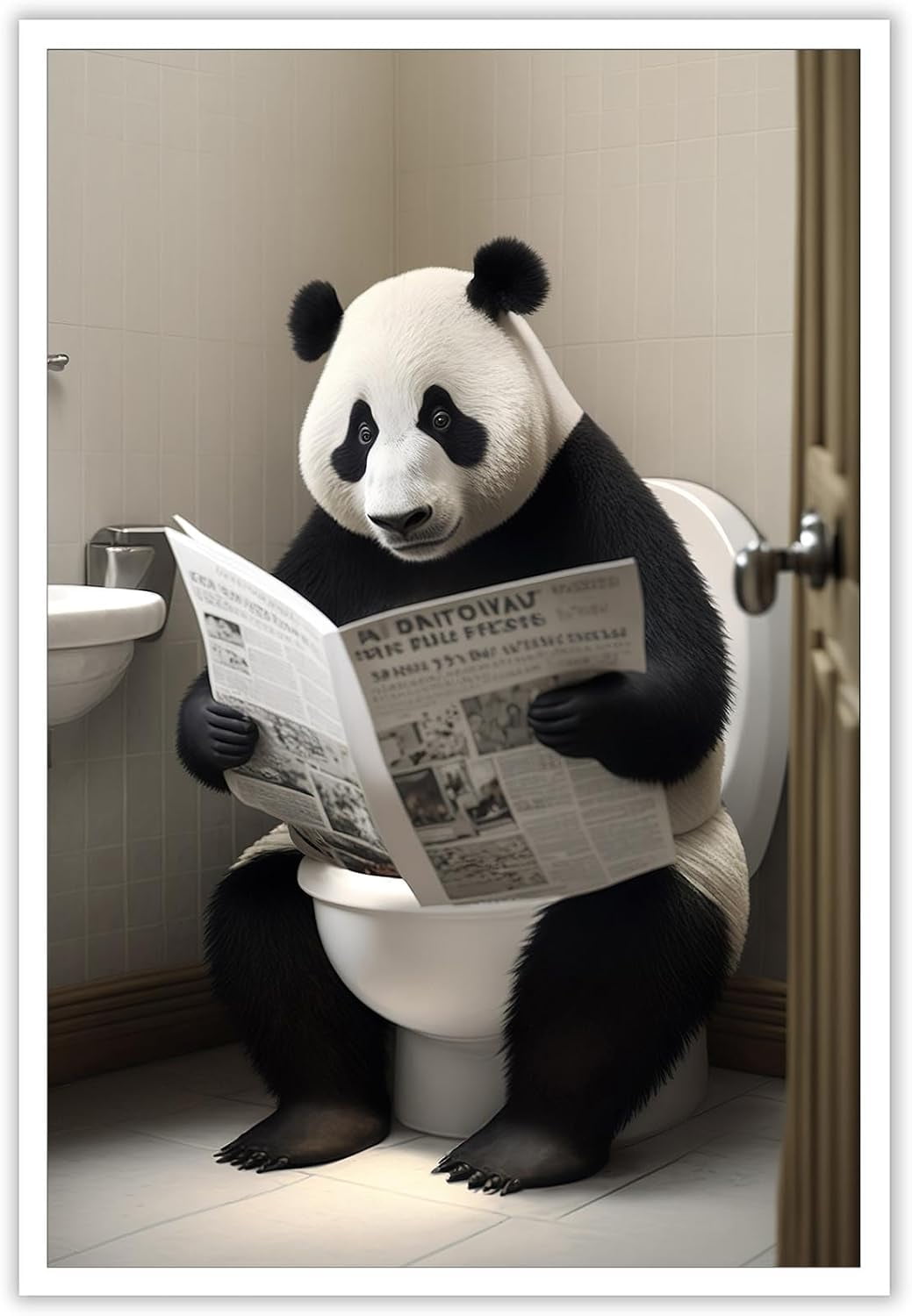 Aaheei Funny Panda Bathroom Canvas Wall Art Cute Panda In Toilet ...