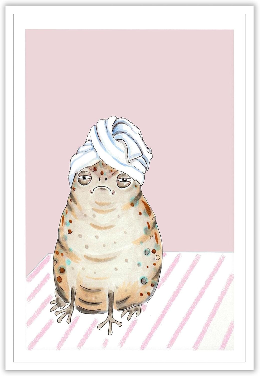 Aaheei Grumpy Frog On The Towel Posters Funny Bathroom Canvas Wall Art Watercolor Cute Animal ...