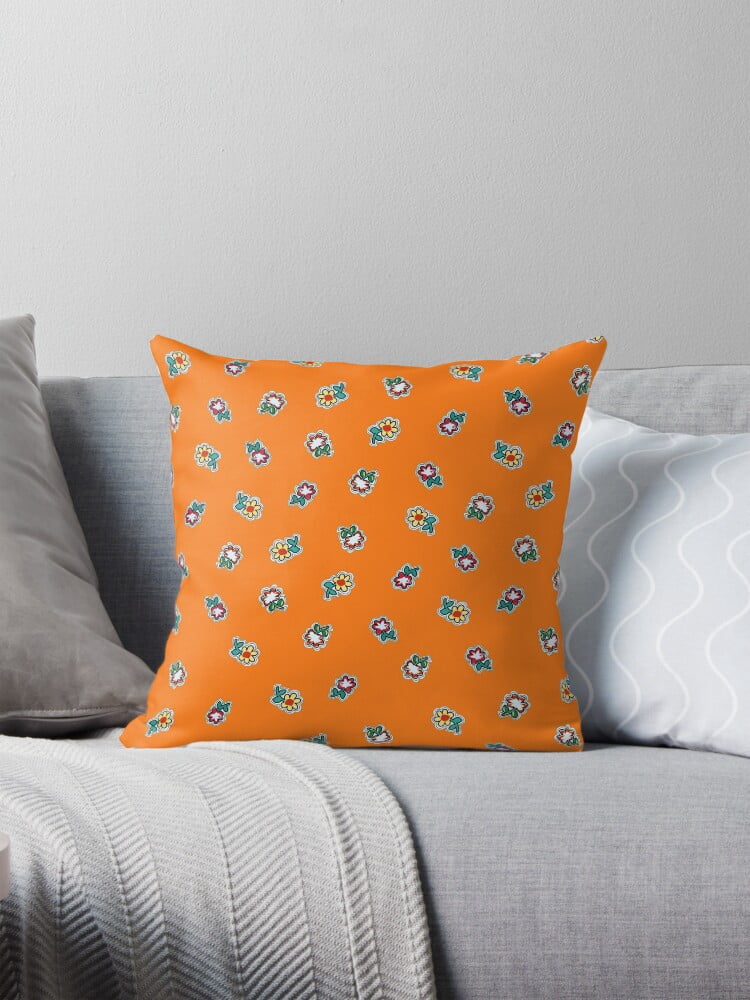 Aaheei Orange Background with Small Flowers Retro Pattern Throw Pillow ...
