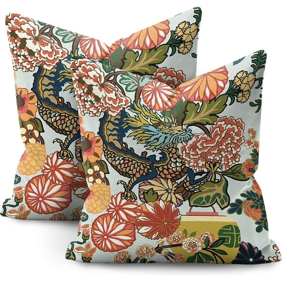 Aaheei – Pastel Chinoiserie Dragon-Floral Pillow Cover Set (2-Pack ...