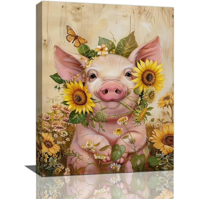 Aaheei Pig Wall Decor Rustic Sunflower Farmhouse Pictures Funny Pigs ...