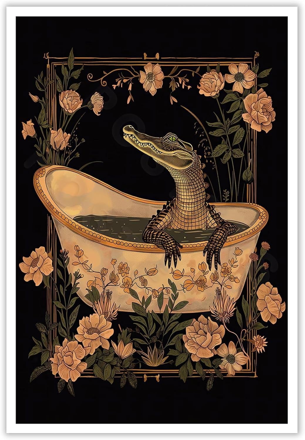 Aaheei Retro Funny Whimsical Alligator On The Toilet Botanical Floral ...