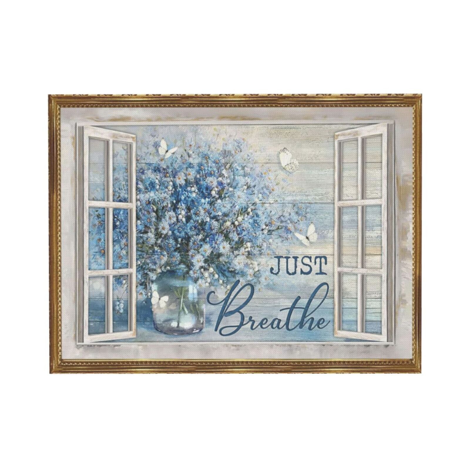 Aaheei Tranquil! Blue Floral Window Art with “Just Breathe” Text. Ideal ...
