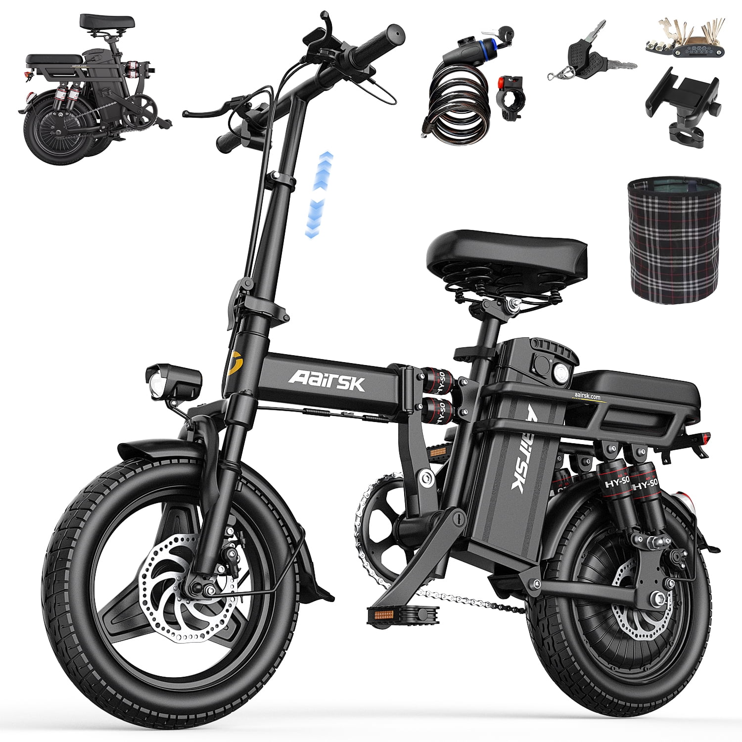 Aairsk RS5-15 14" Folding Electric Bike for Adults, 500W Motor, 48V ...