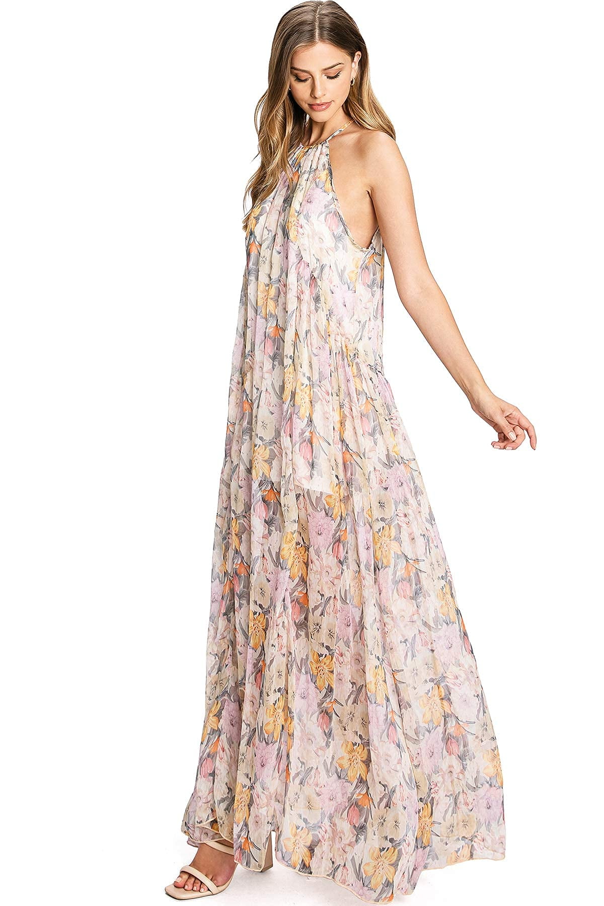 Aakaa Women's Special Occasion Formal Floral Halter Chiffon A-Line Maxi ...
