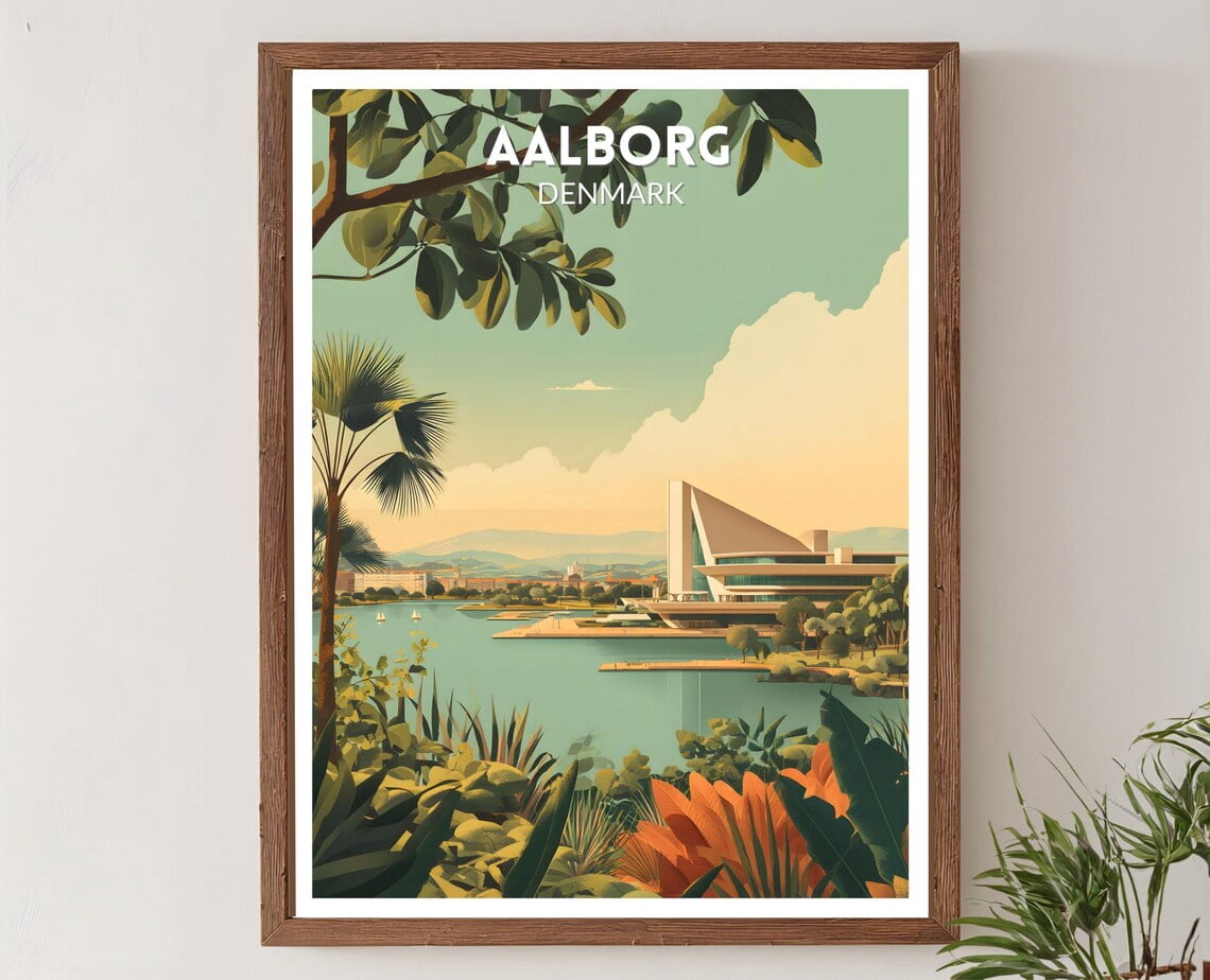 Aalborg Denmark Retro Travel Mid Century Modern Vintage Cityscape Wall ...
