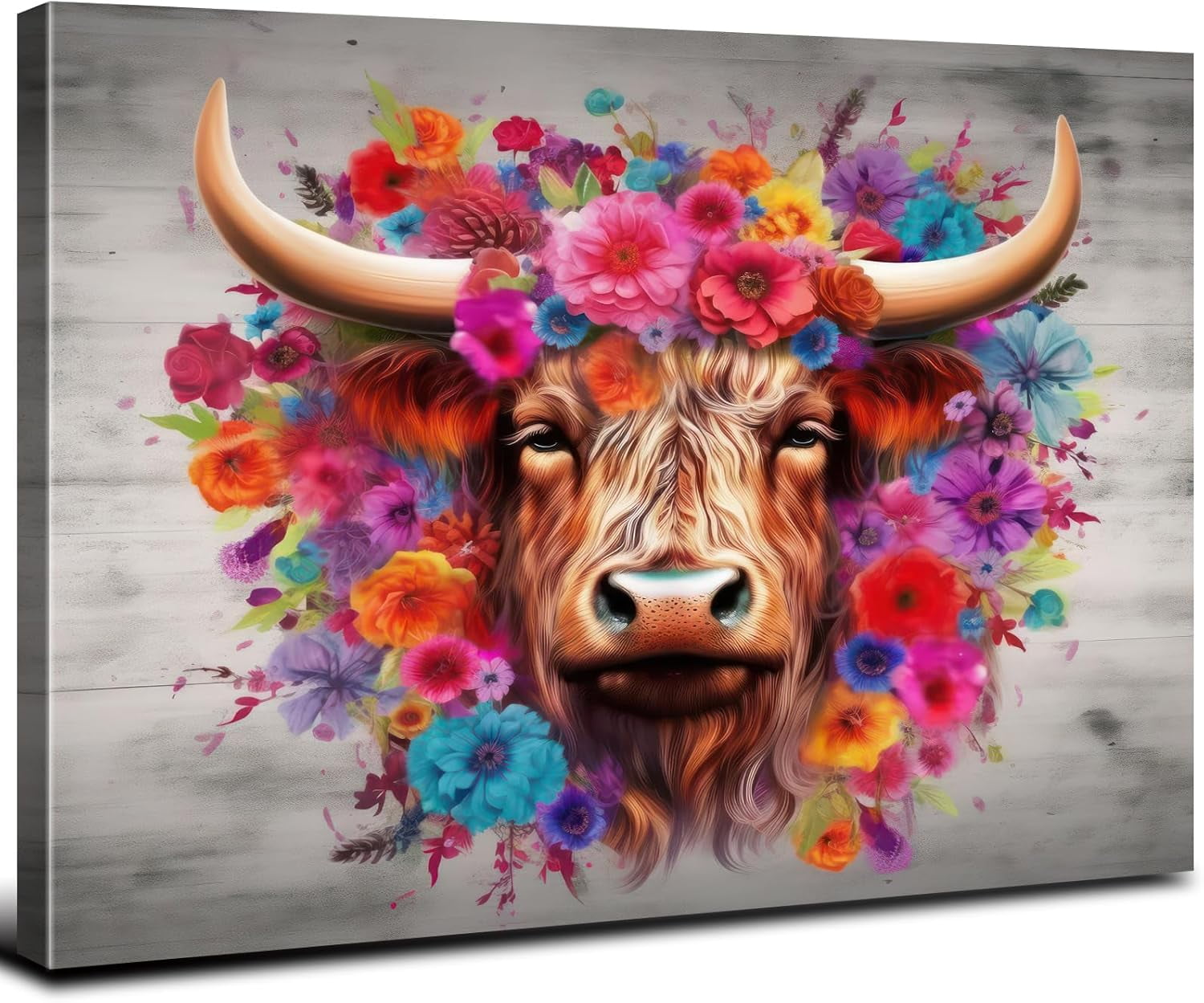 Aaoeni Trending Floral Cow Canvas Art - Highland Cow with Colorful ...