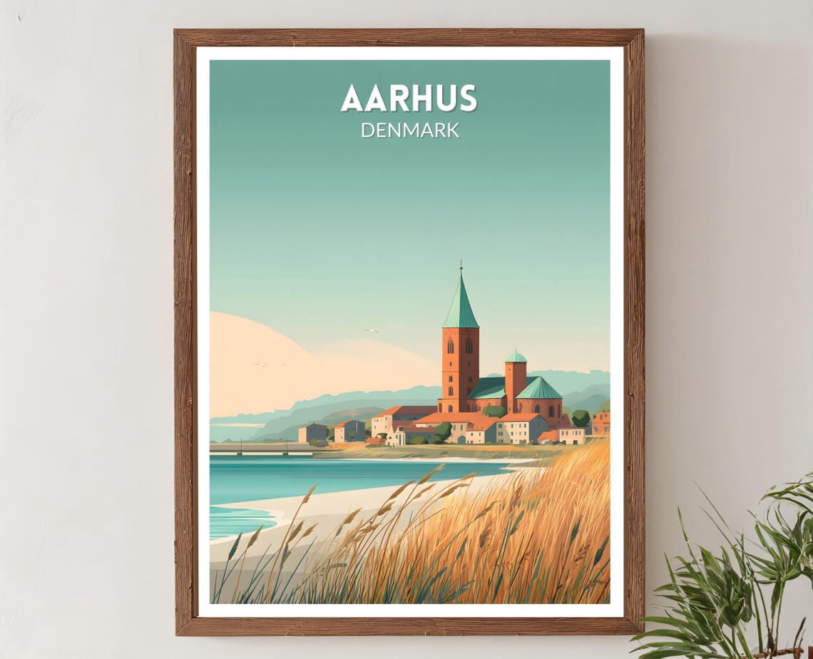 Aarhus Denmark Retro Travel Mid Century Modern Vintage Cityscape Art ...