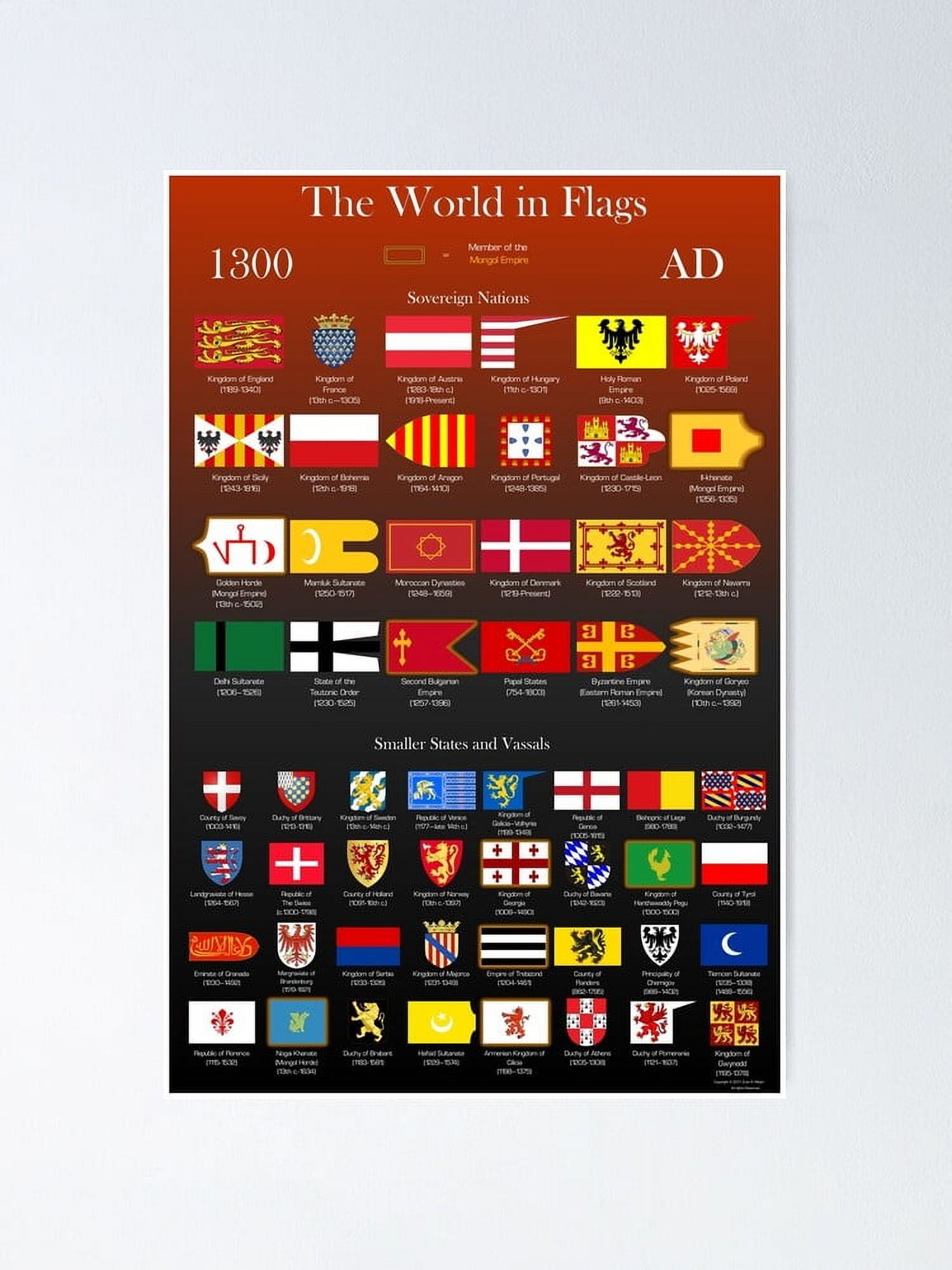 Aaroca 1300 AD Flags of the World Poster Artwork Decor for Living Room ...