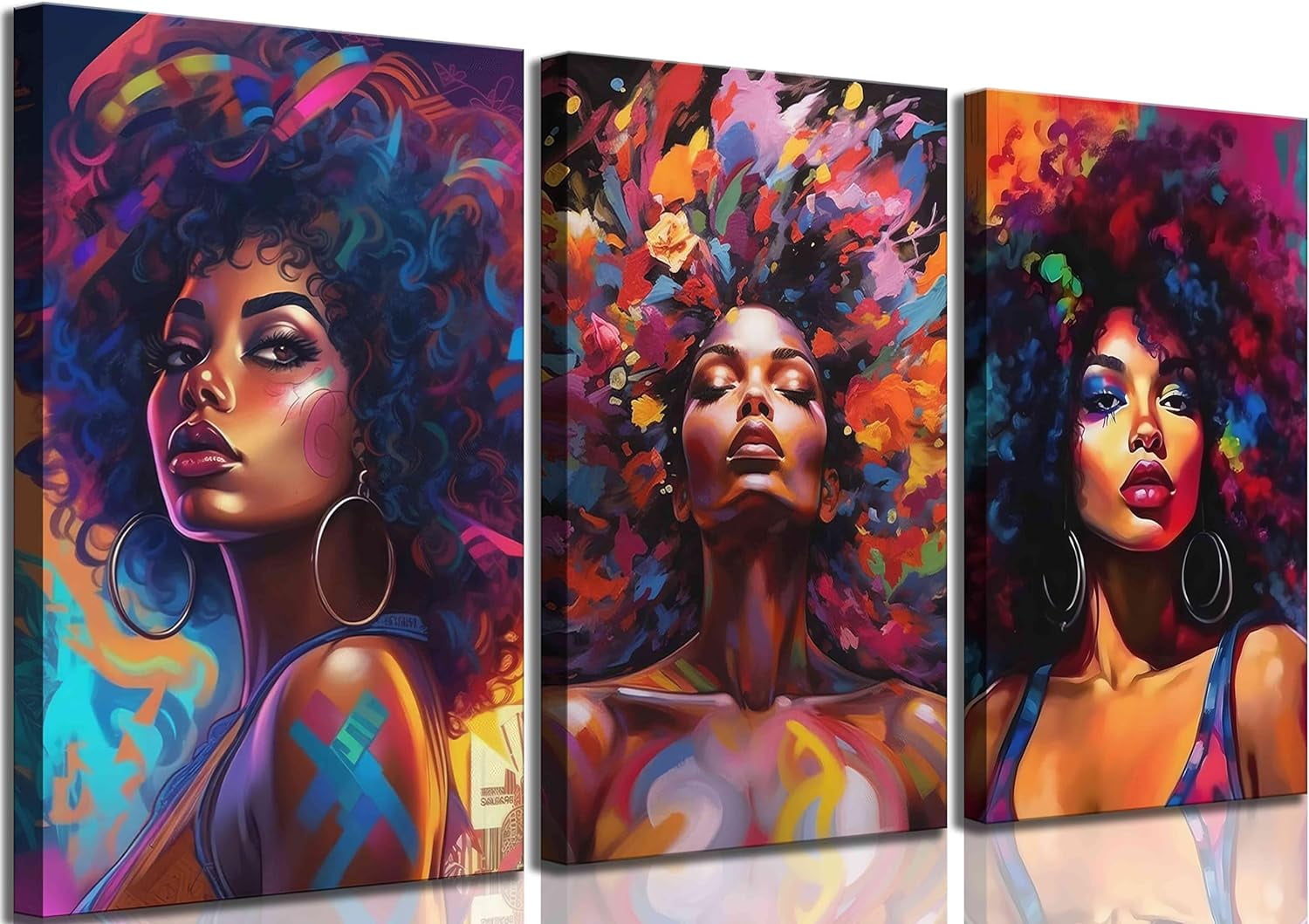 Aaroca 3Pcs African American Women Canvas Wall Art Colorful Graffiti Afro Girl Painting Modern ...