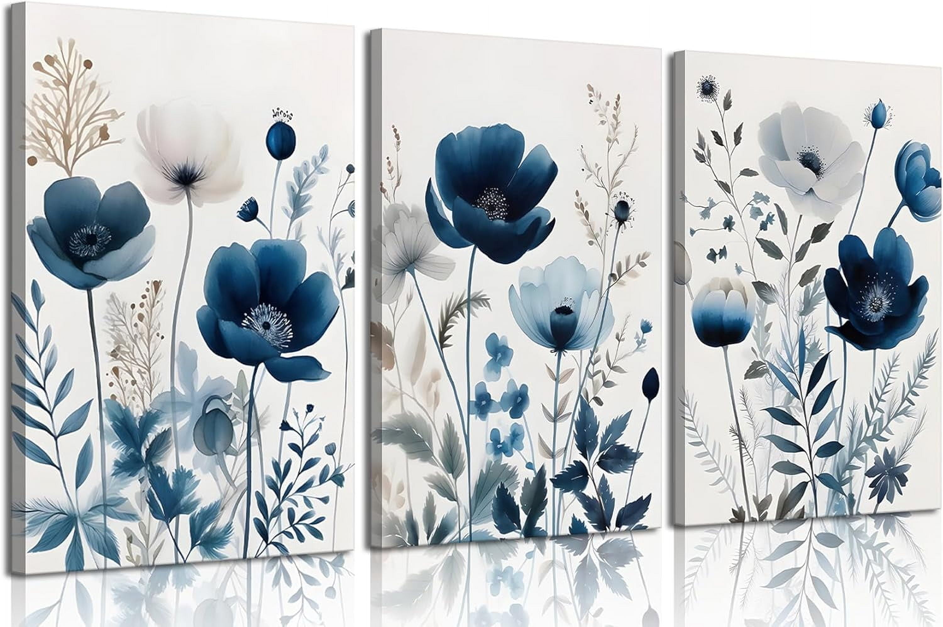 Aaroca 3Pcs Flower Canvas Navy Blue Wildflower Wall Decor Pictures ...