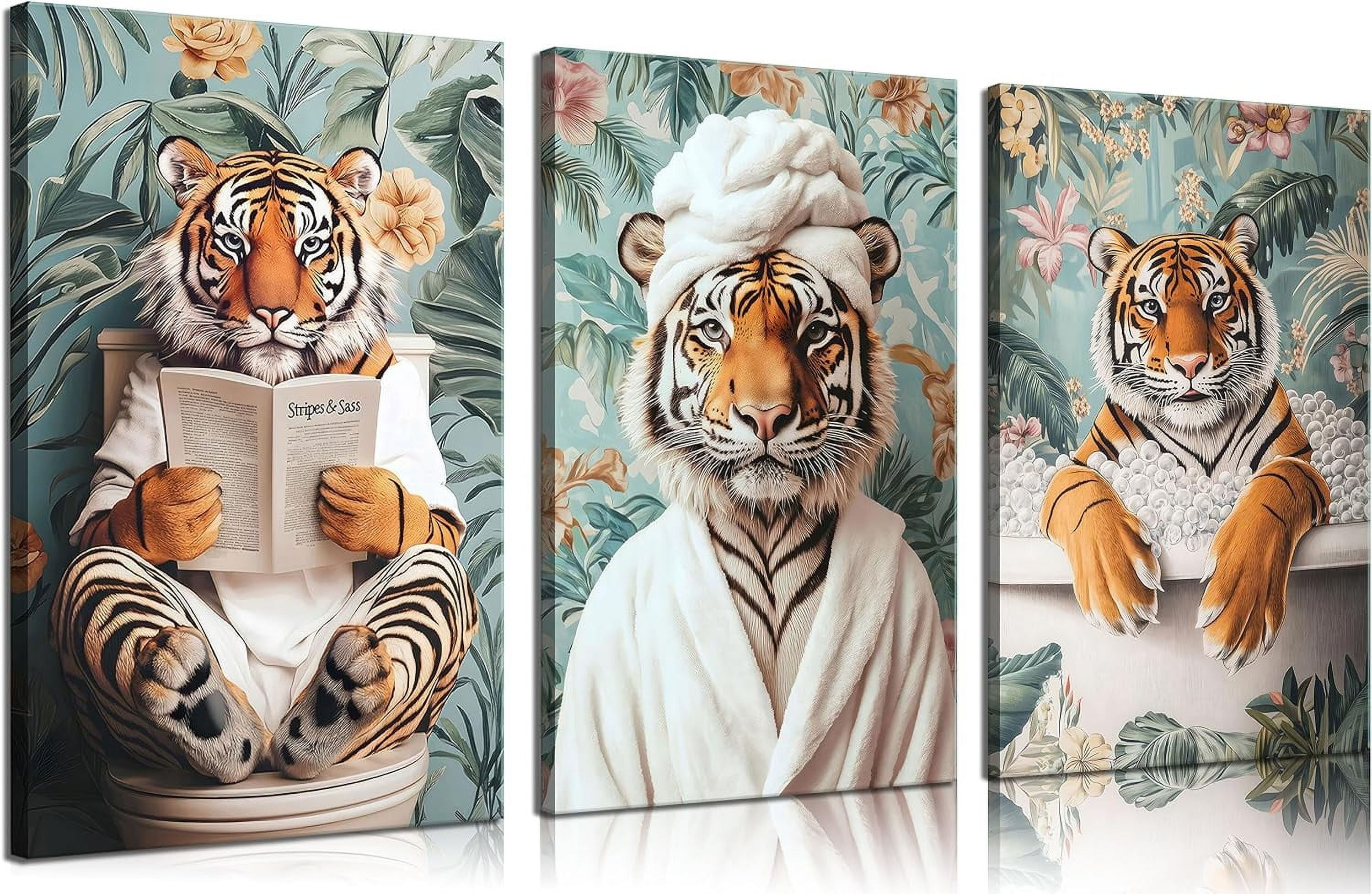 Aaroca 3pcs Funny Bathroom Tiger Canvas Wall Art Boho Tropical ...