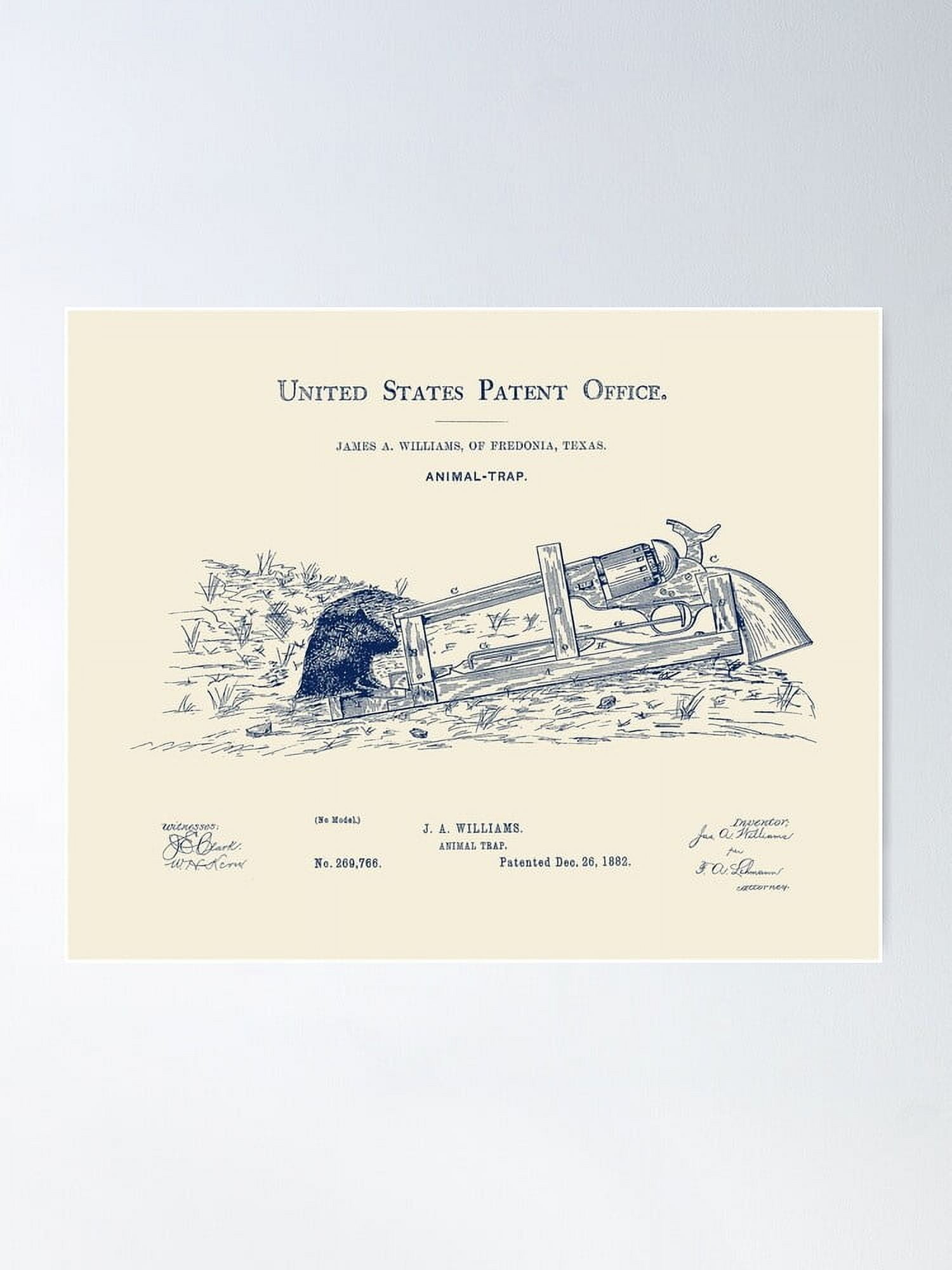Aaroca Firearm Mousetrap Design Patent - James A. Williams 1882 Poster ...