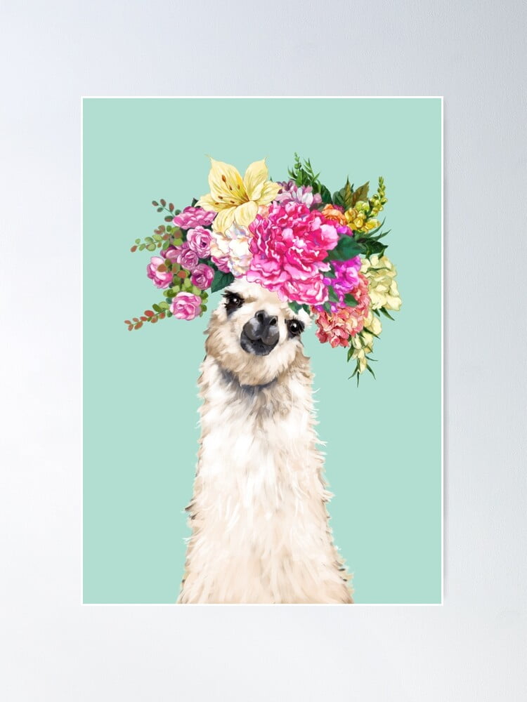 Aaroca Flower Crown Llama in Green Poster Canvas Poster - Modern Wall ...