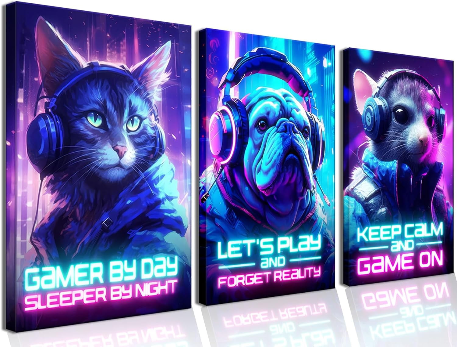 Aaroca Gamer Themed Wall Art with Neon Cats and Dog, Set of 3 Prints ...
