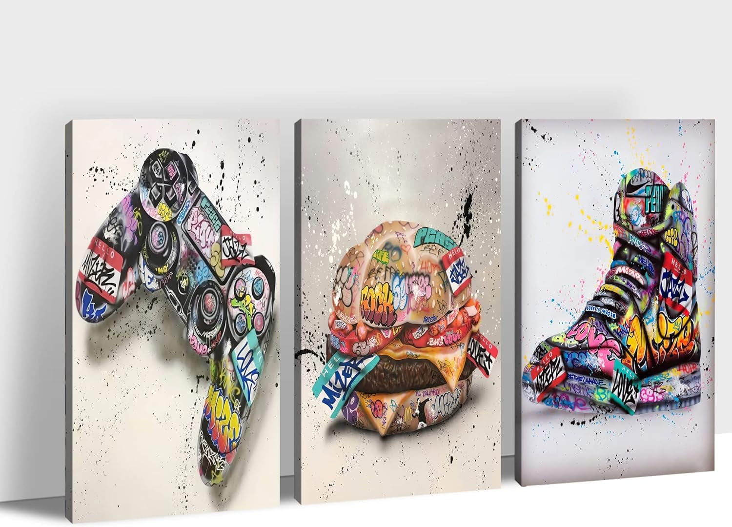 Aaroca Graffiti Wall Art - 3 Pieces Colorful Gamepad, Burger, Shoes ...
