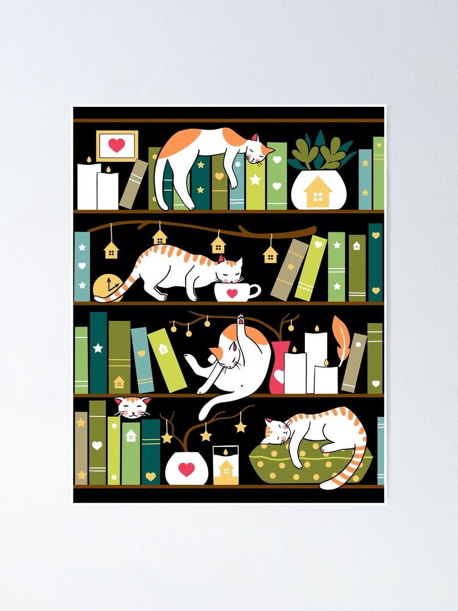 Aaroca Library cats - whimsical cats on the book shelves Unframed ...