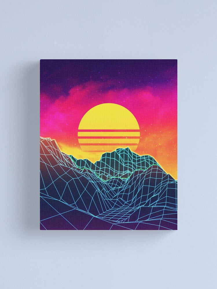Aaroca Neon glowing sun grid mountain retro 80s design Canvas Print HD ...