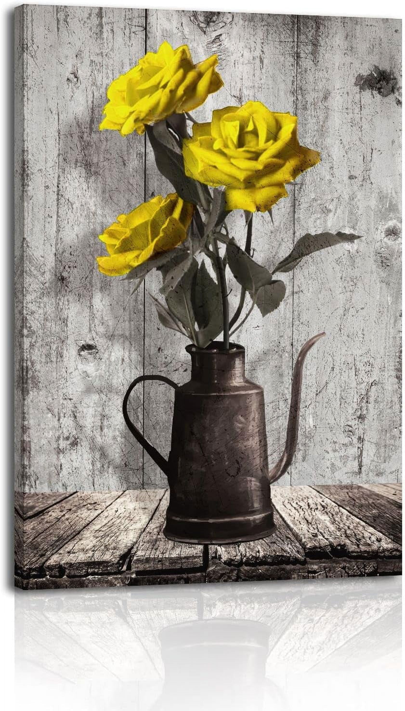 Aaroca Rustic Rose Canvas Wall Art: Vintage Yellow Flower in Vase ...