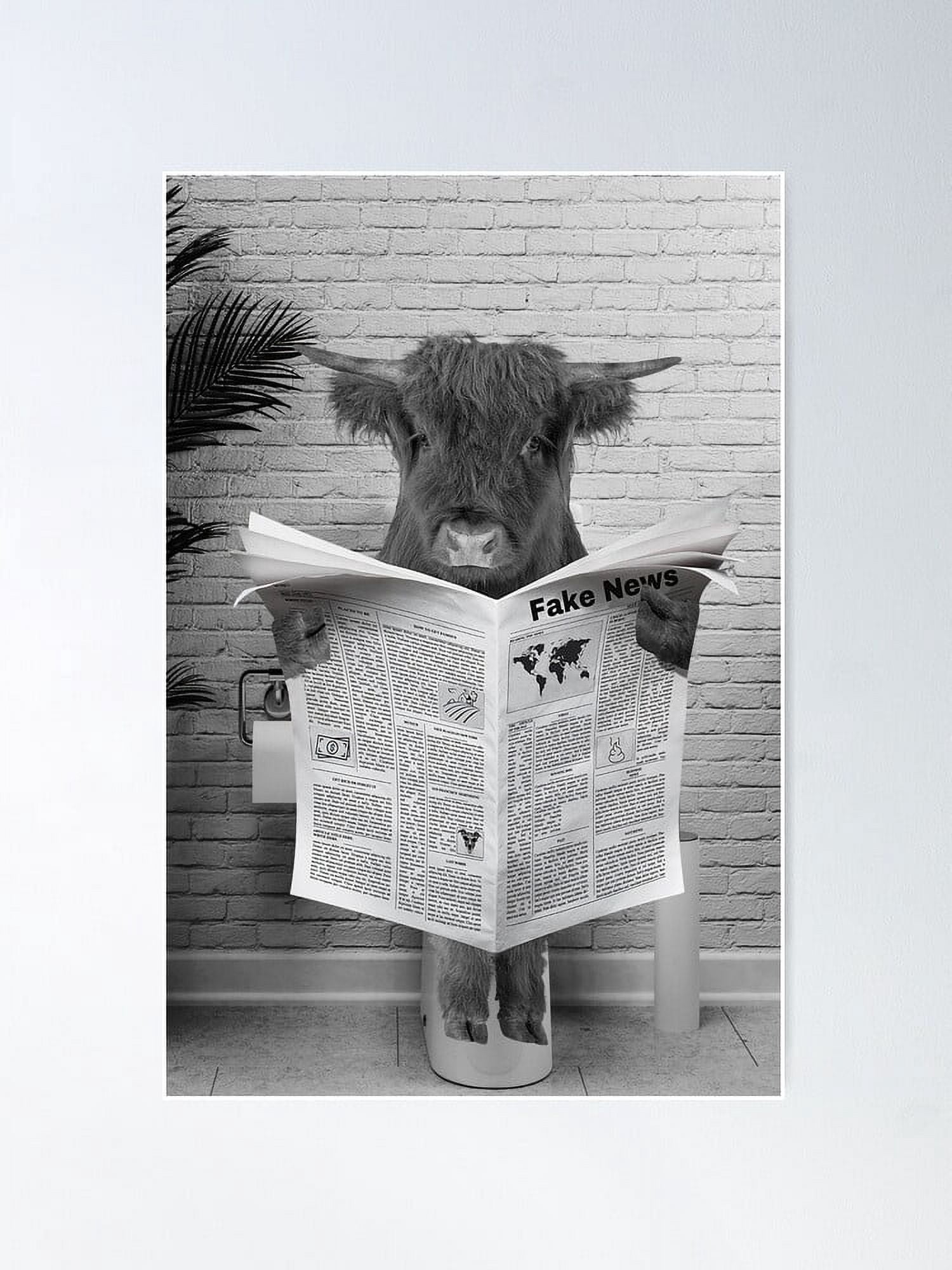 Aaroca Scottish Highland Cow on Toilet Reading Newspaper Poster Canvas ...
