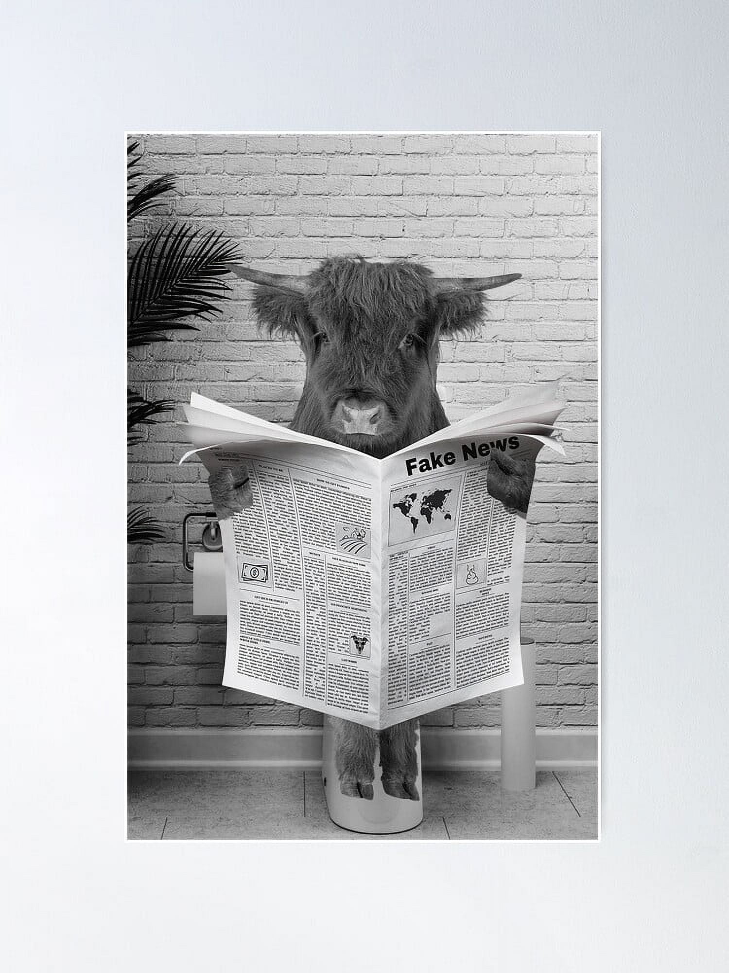 Aaroca Scottish Highland Cow on Toilet Reading Newspaper Poster Canvas ...