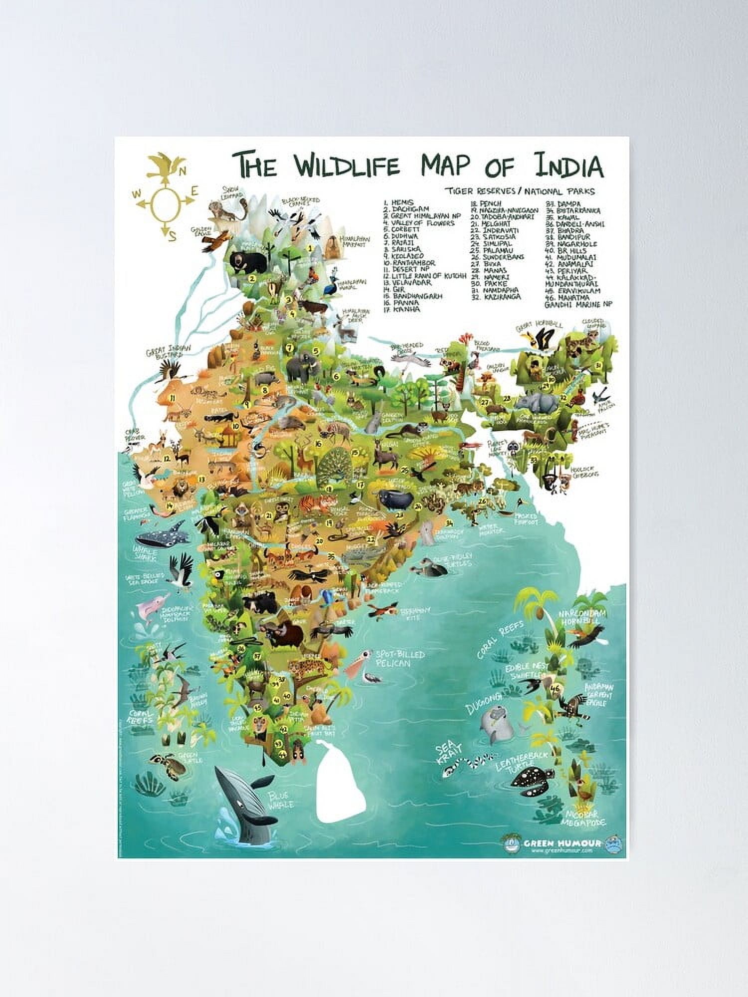 Aaroca The Wildlife Map of India Poster Canvas Poster - Modern Wall Art ...