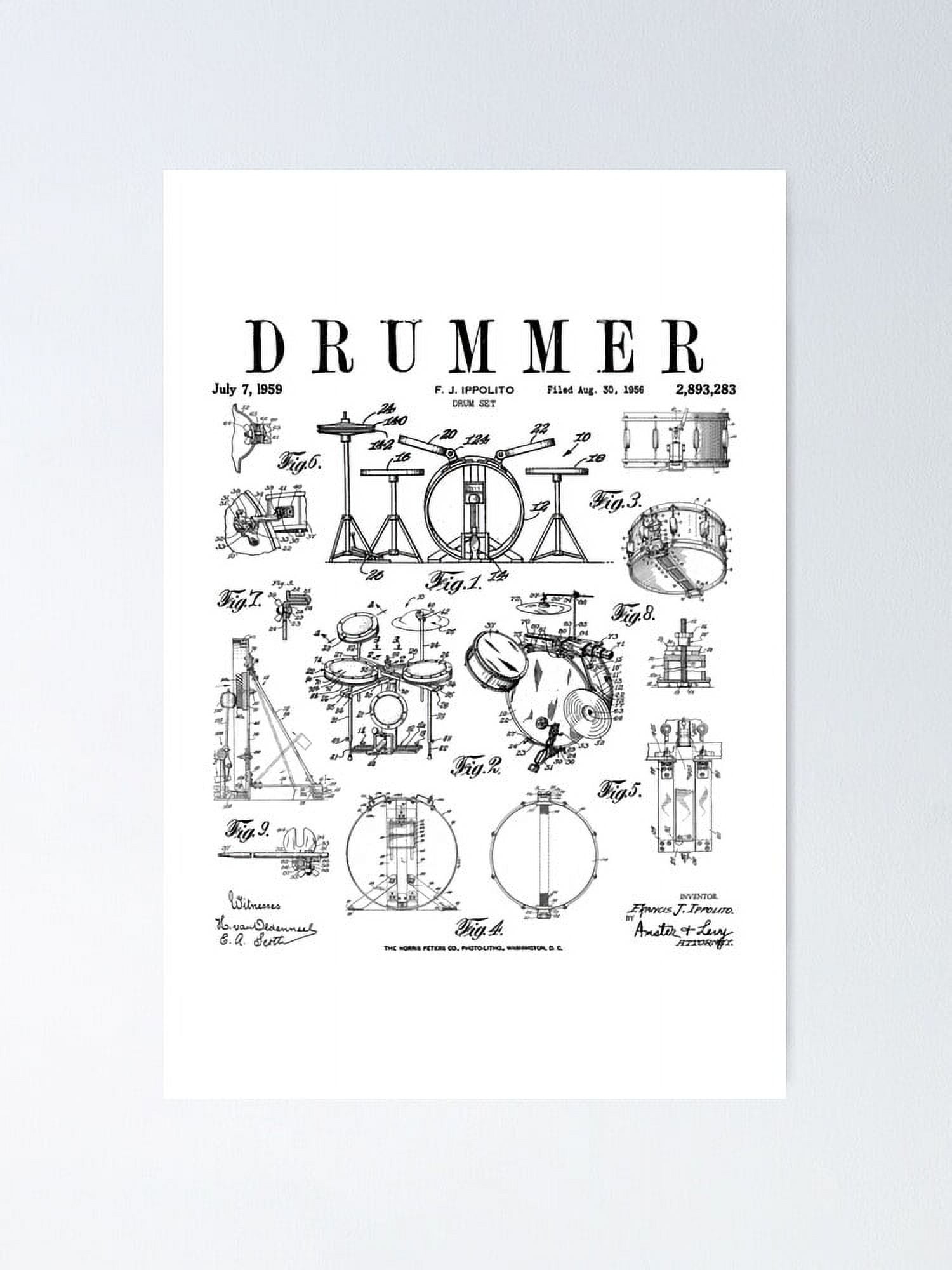 Aaroca new Canvas Poster Drum Set Kit Vintage Patent Drummer Drawing ...