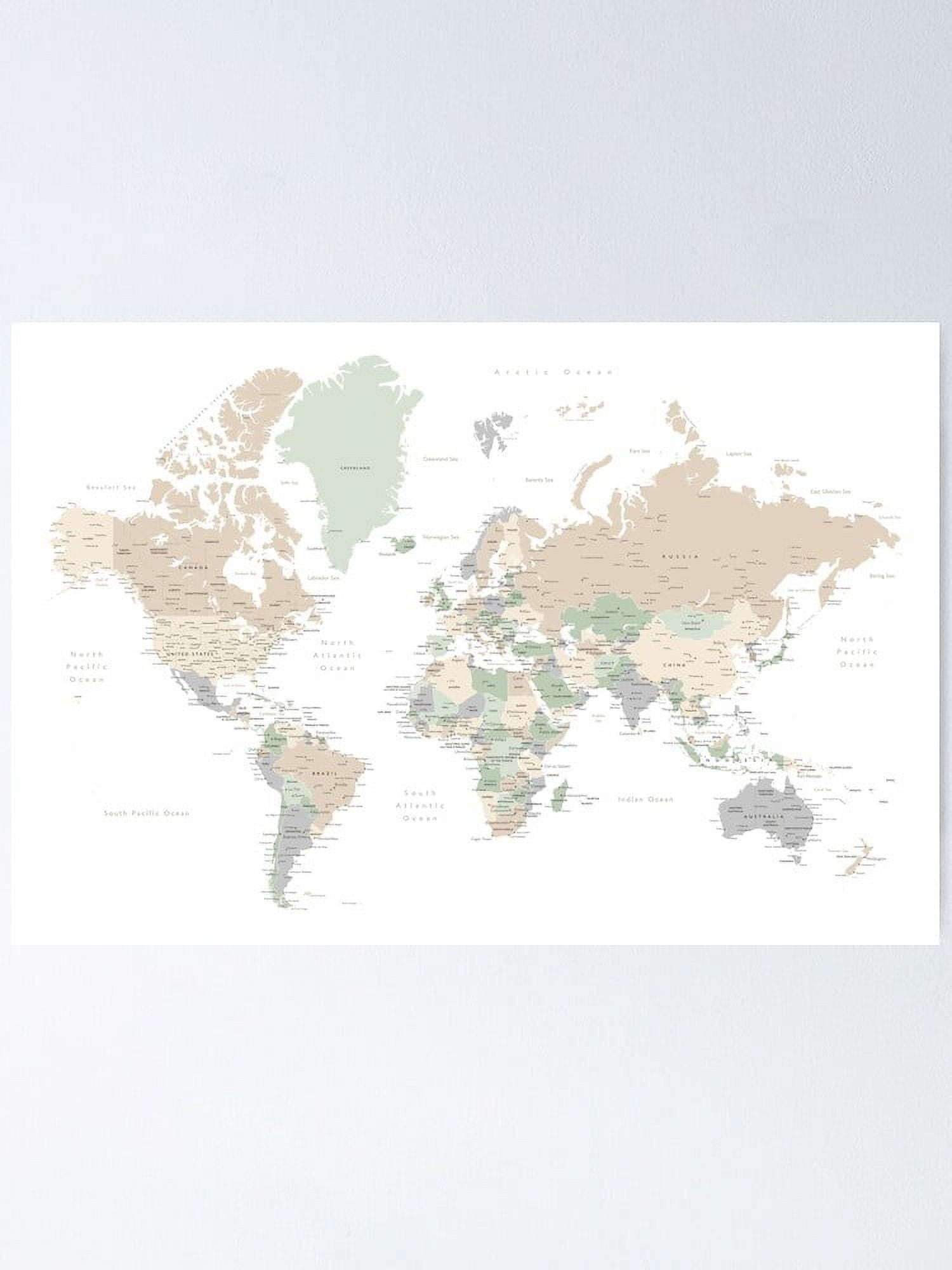 Aaroca new Detailed world map with cities, "Anouk" Unframed Classic ...