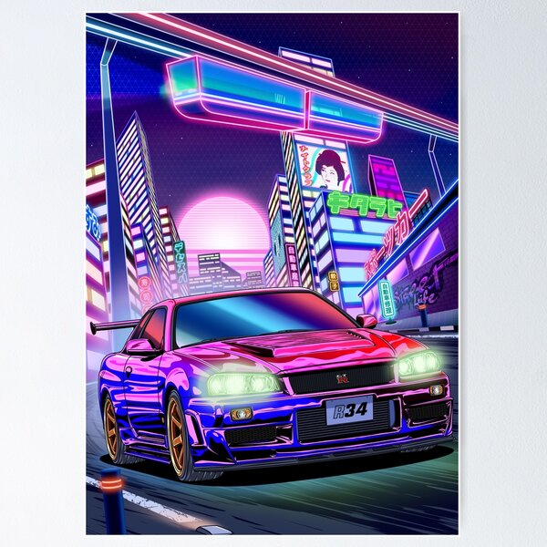 Aaroca new Nissan Skyline GT-R R34 Vaporwave Poster Unframed Canvas ...