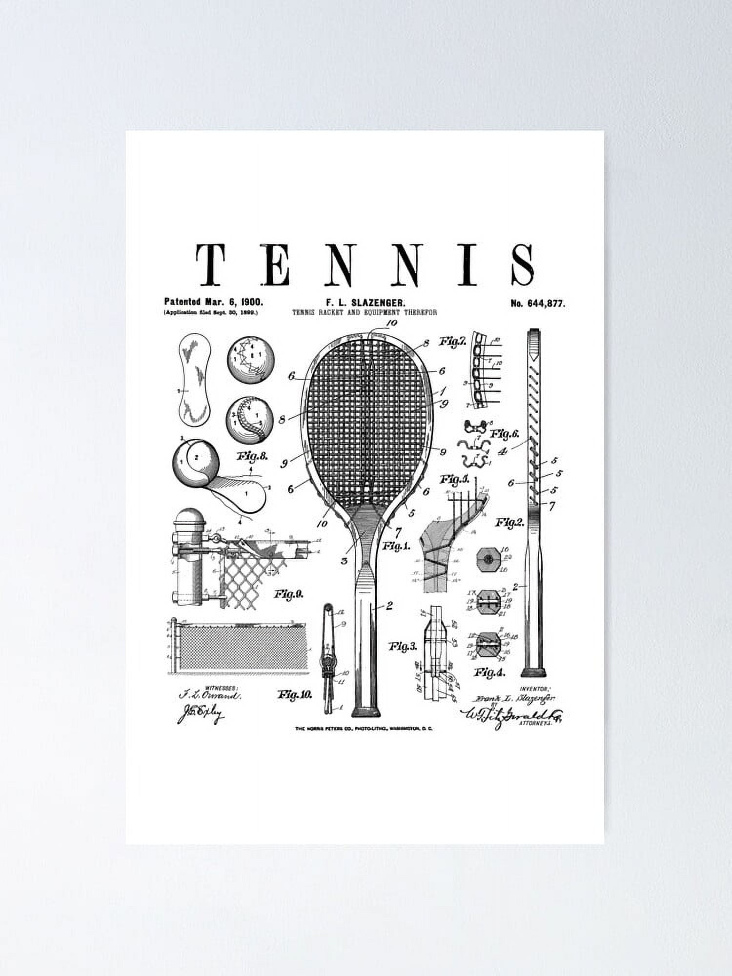 Aaroca new Tennis Racket And Ball Old Vintage Patent Drawing Print ...