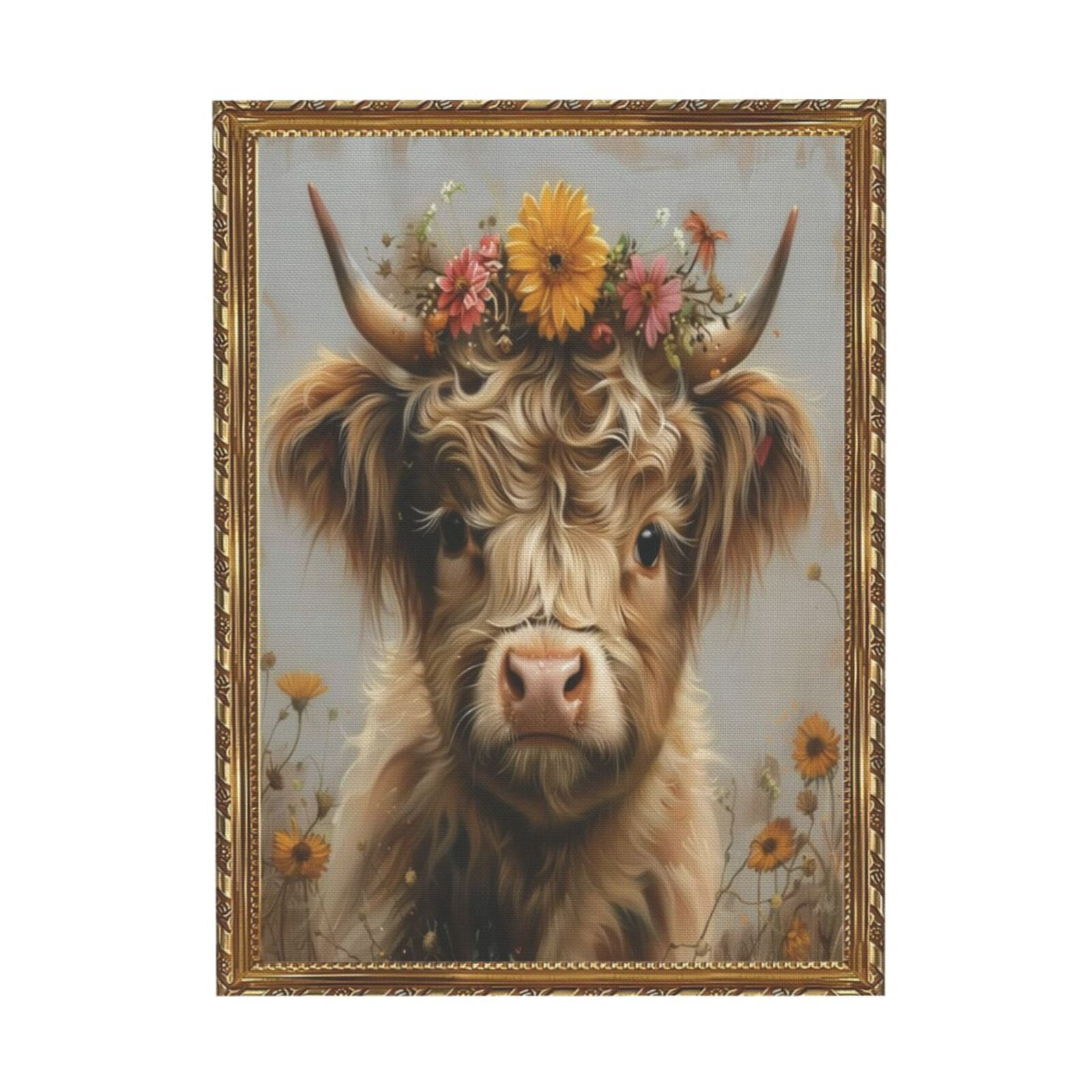 Aarocafa Gold Plastic Frame Floral Highland Cow Wall Art-Luxe Canvas ...