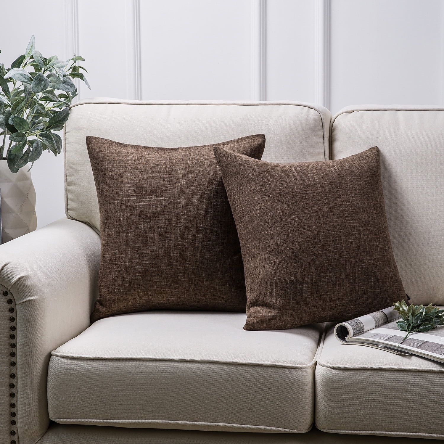 Aarocafa – Warm Brown Textured Pillow Cover Set (2-Pack) – Faux Linen ...