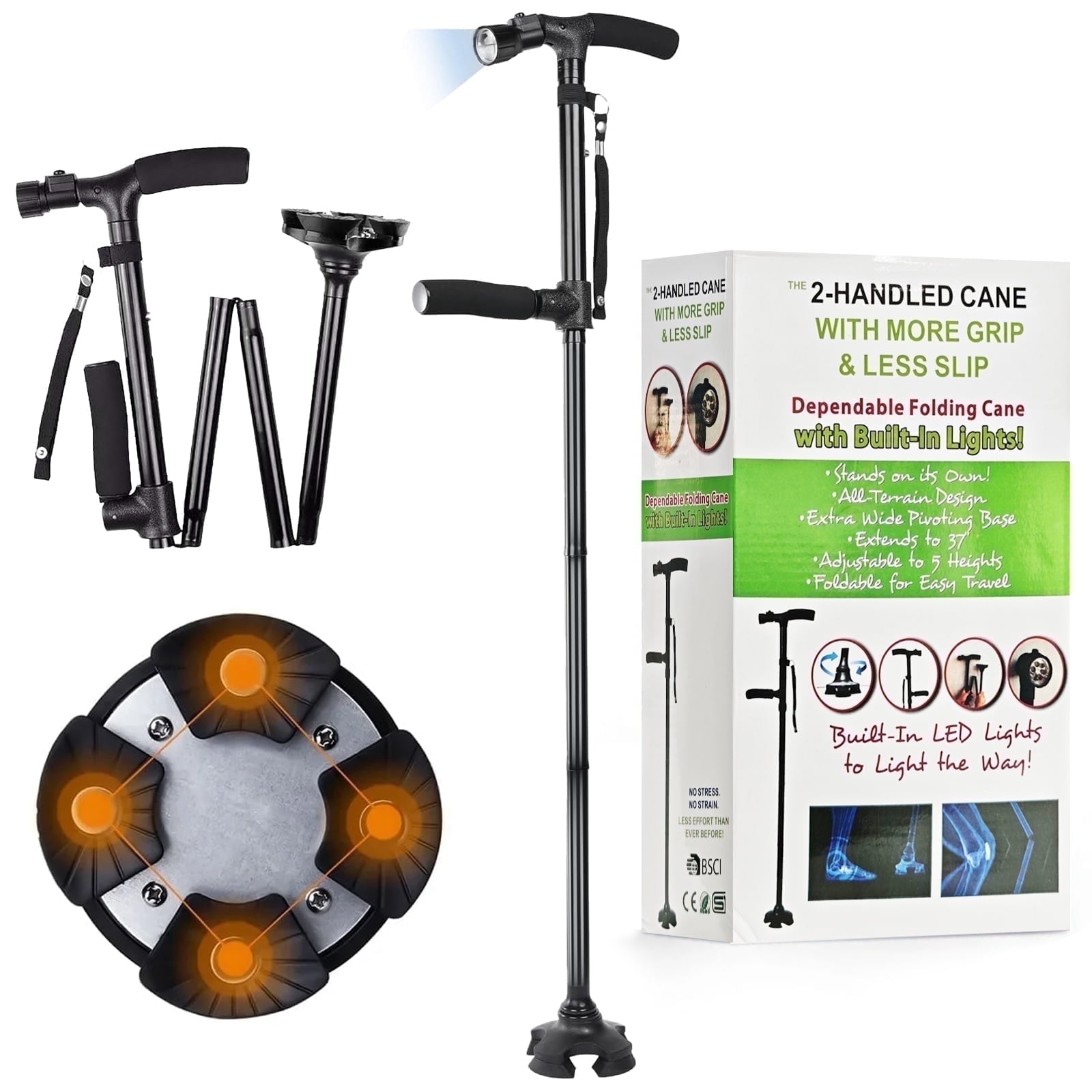 AARTVARK TEES Walking Cane, Folding Cane with Light, Stable All-Terrain ...