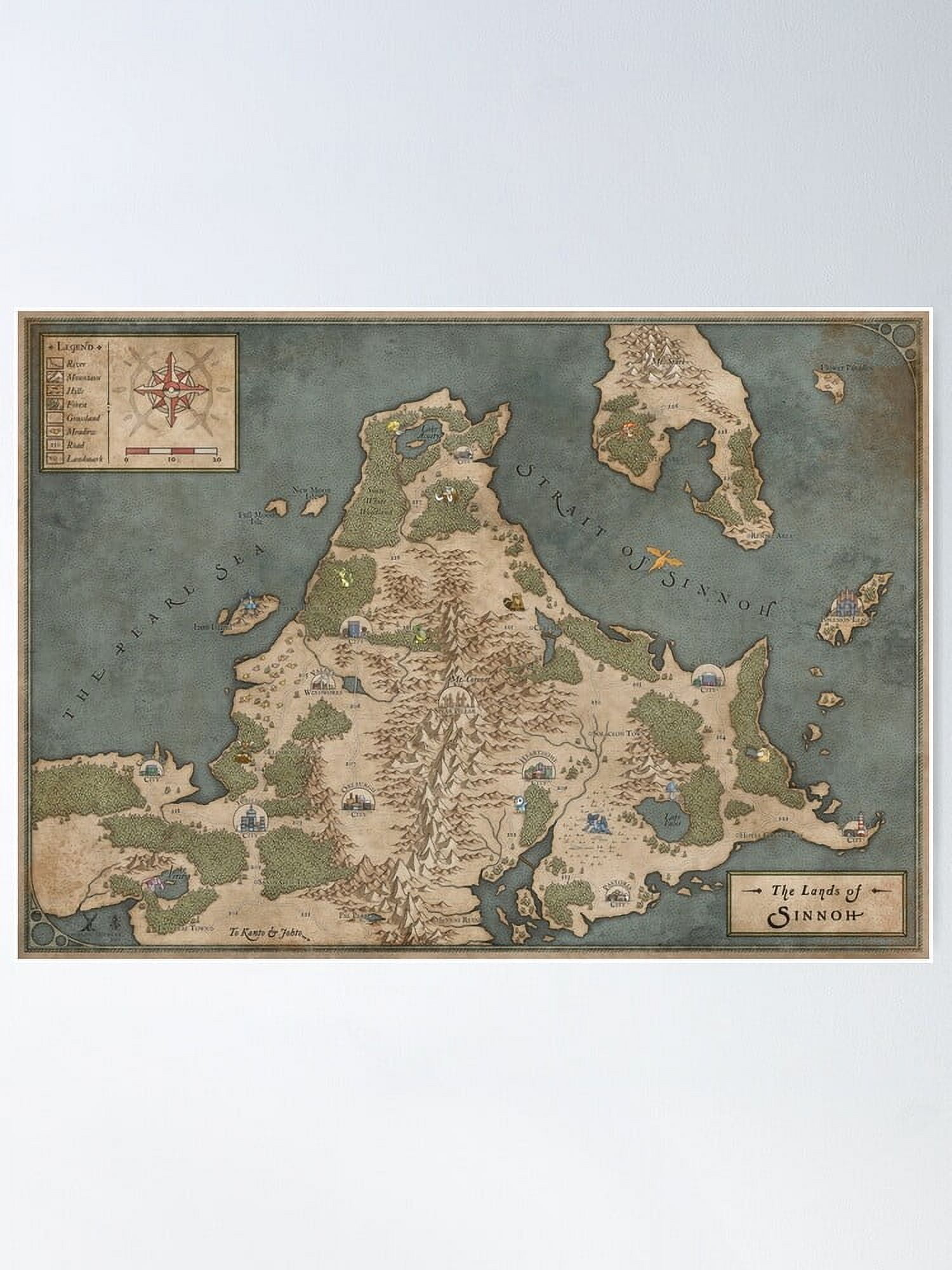 AatoeaX 3rd Generation Sinnoh Map - Giclee Map Poster Modern Wall Art ...