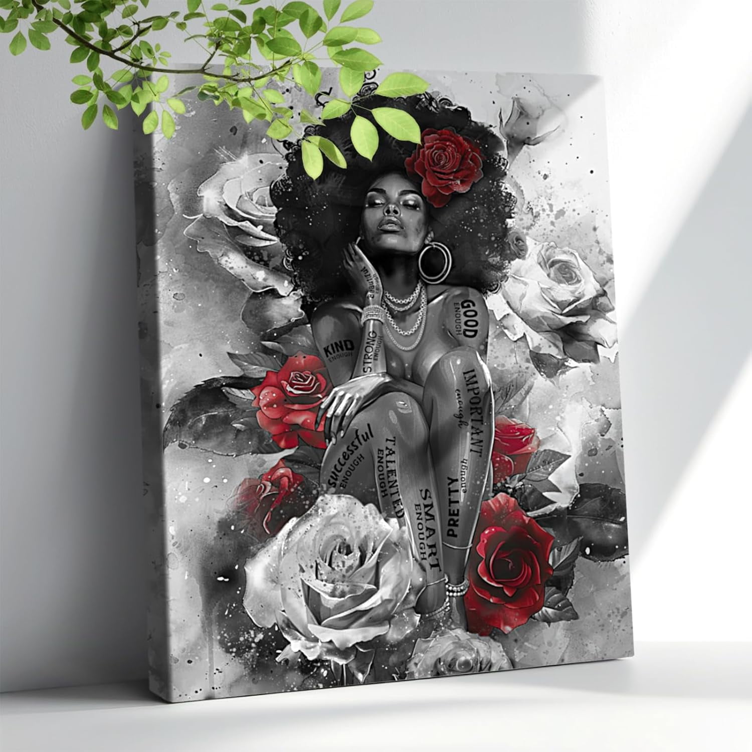 AatoeaX African American Canvas Wall Art Abstract Black Girl Wall Decor Black Women with Rose ...