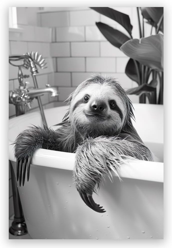 AatoeaX Bathroom Decor Wall Art Sloth in Bath in Bathtub Black and White Wall Art Funny Bathroom ...