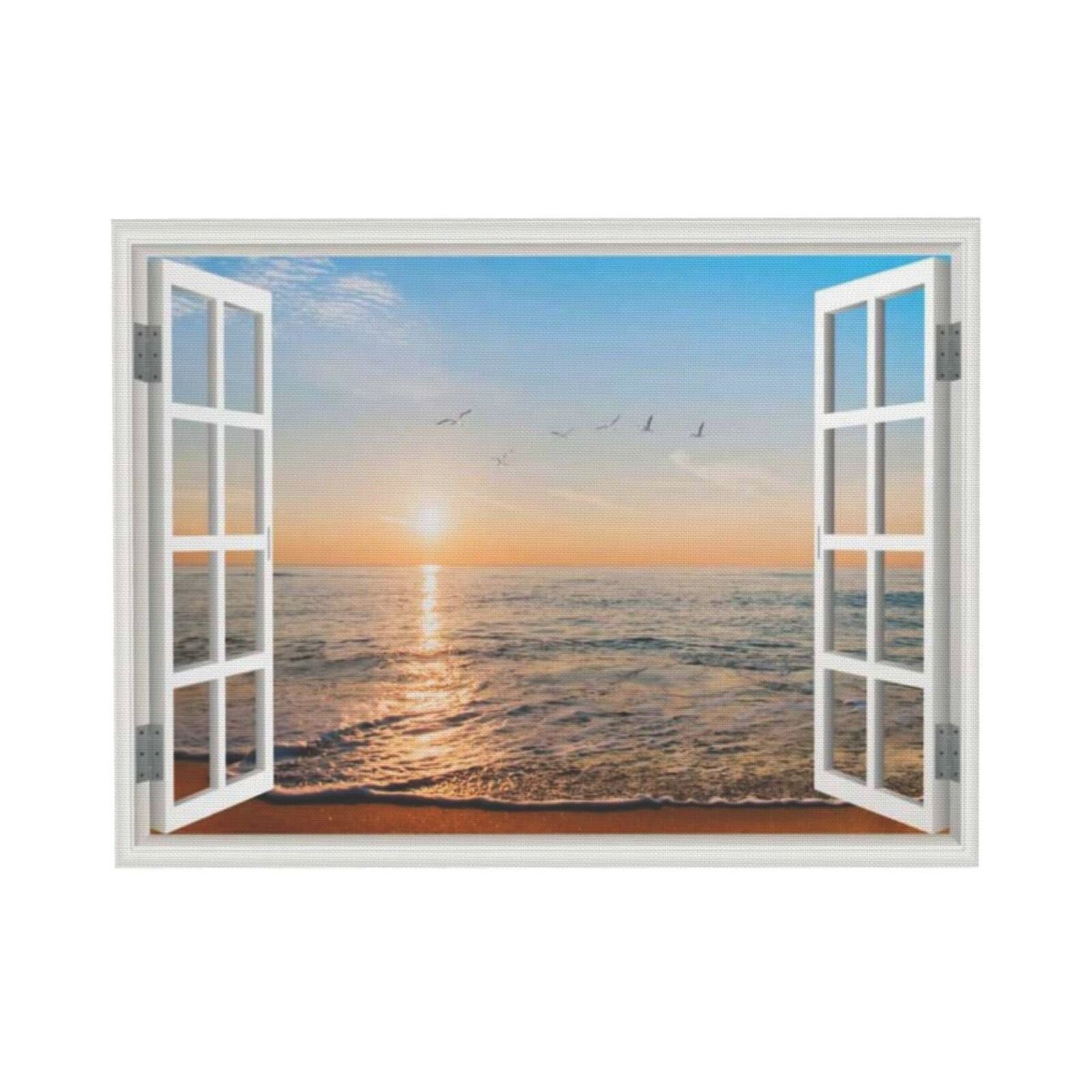 AatoeaX Beach Wall Art Pictures White Fake Window Sunset Painting ...