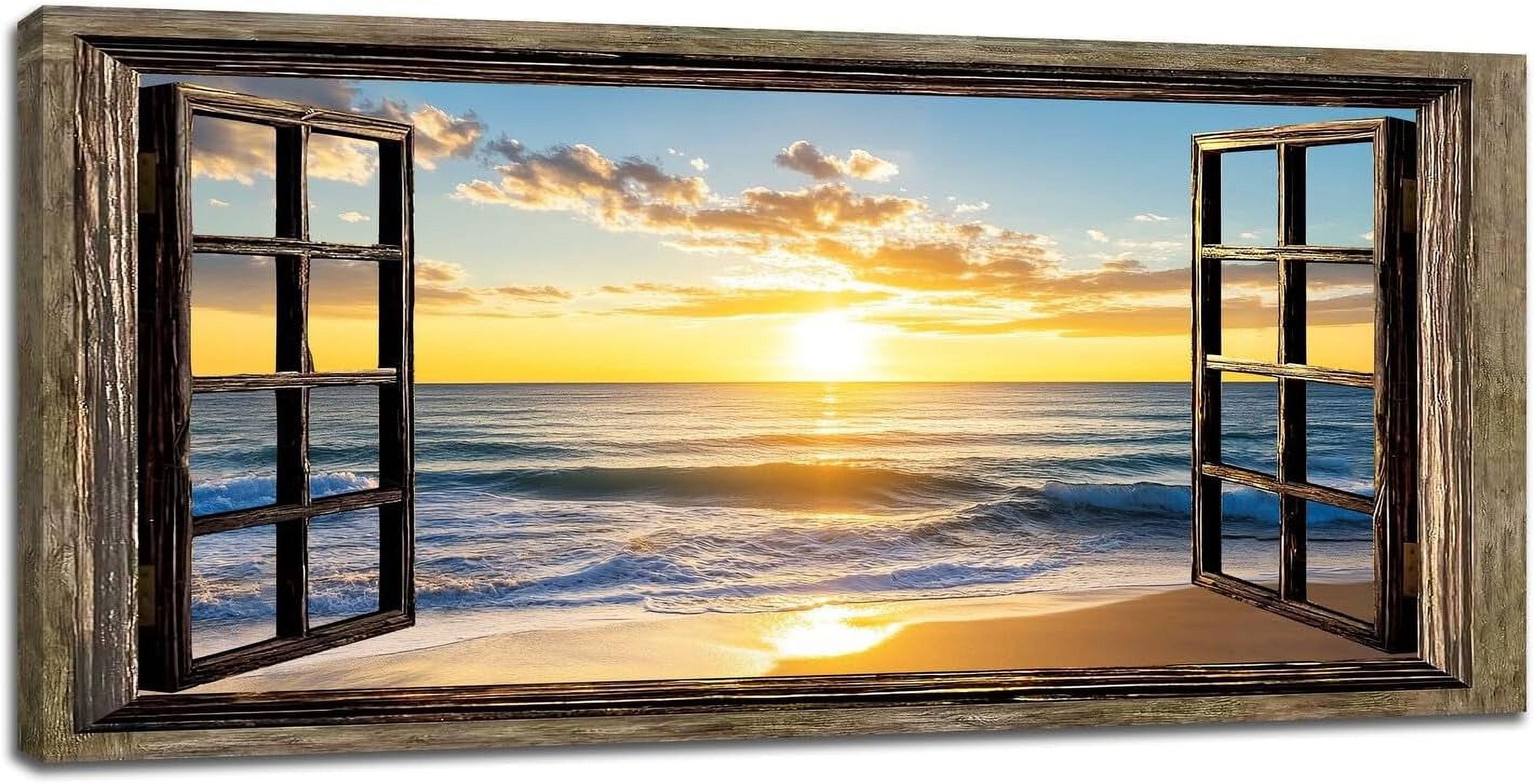 AatoeaX Beach Wall Art Sea Coastal Wall Decor Rustic Window Sunrise ...