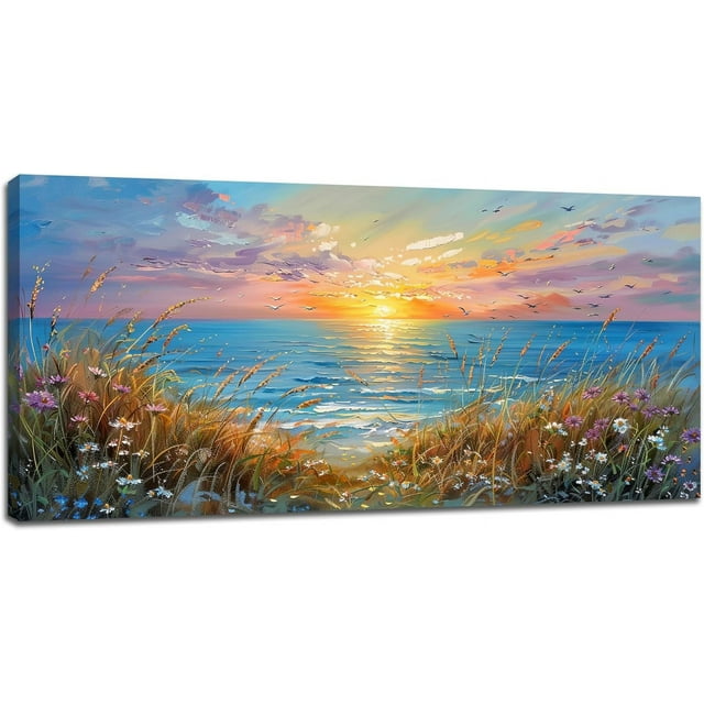 Aatoeax Beach Wildflower Wall Art For Living Room Sunset Ocean Canvas Prints Oversize Floral