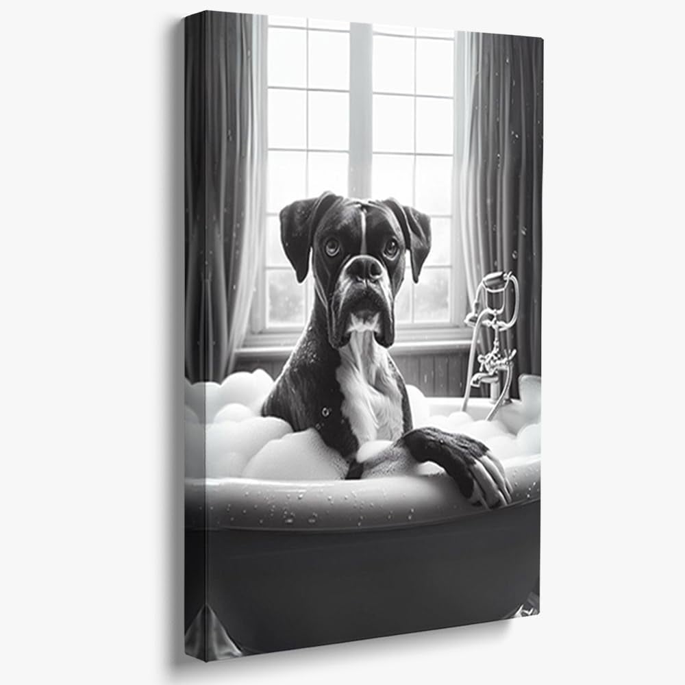 AatoeaX Black Boxer Dog in Tub Prints Canvas Funny Animal Bathroom Wall ...