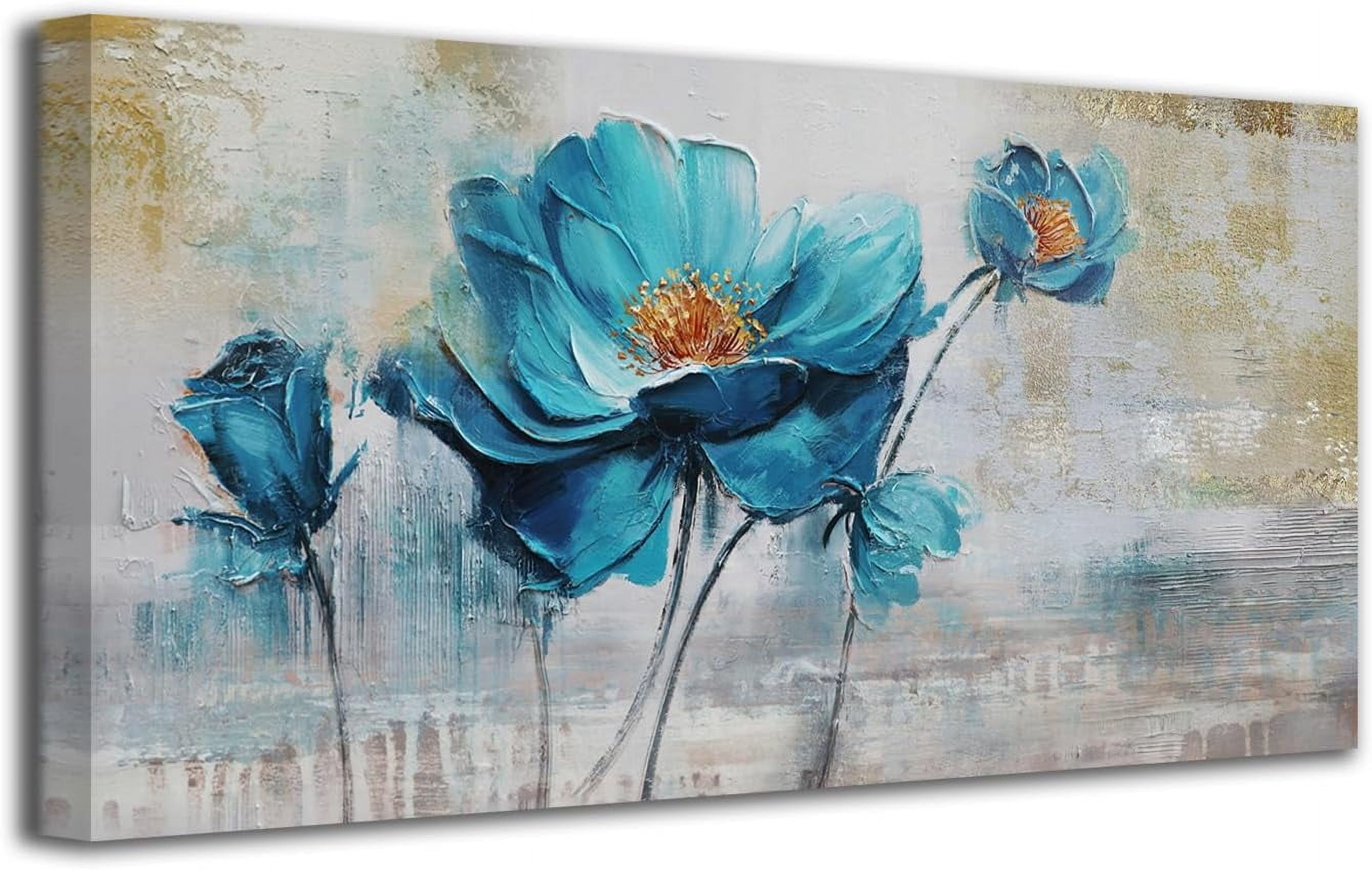 AatoeaX Blue Flowers Canavs Wall Art Abstract Lotus Textured Painting ...
