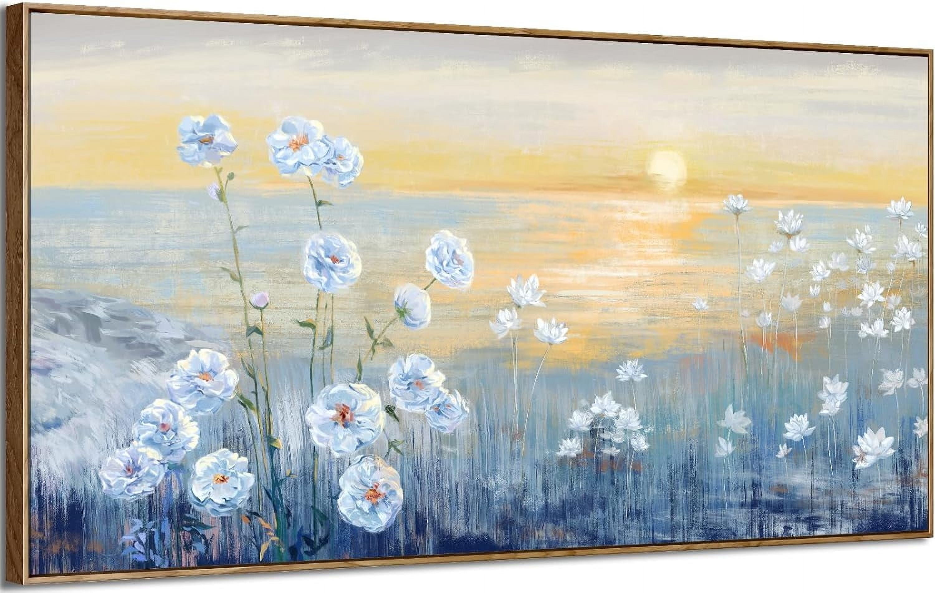 AatoeaX Blue Ocean Sunset Wall Art Abstract Coastal Wild Flowers Beach ...