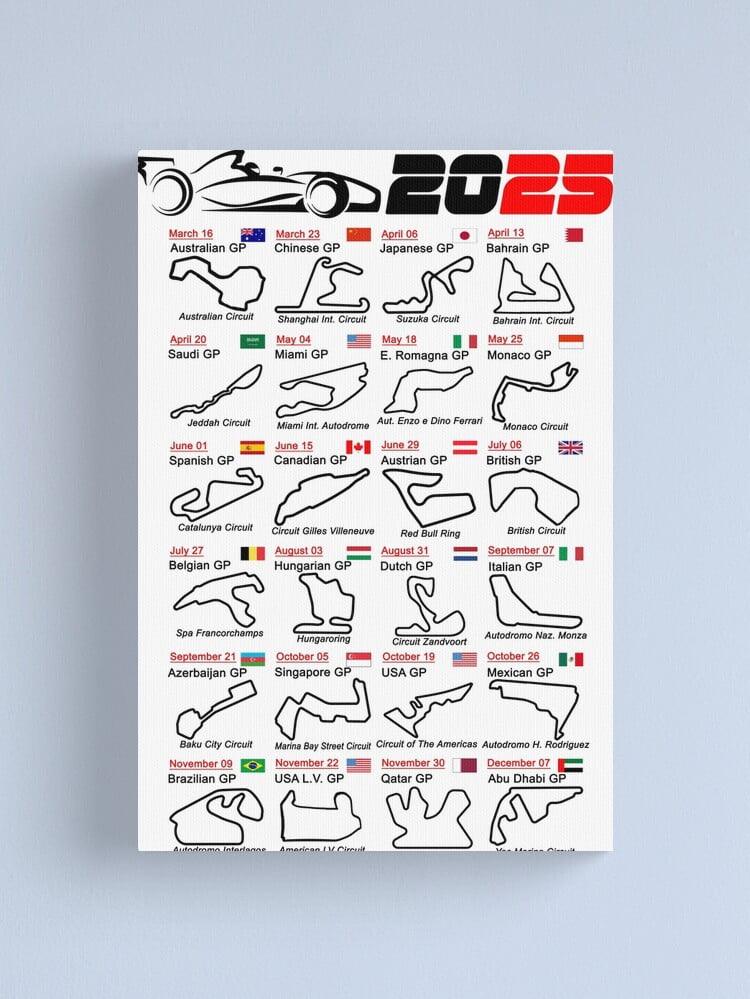 AatoeaX Calendar Formula race cars 2025 named circuits white Canvas ...